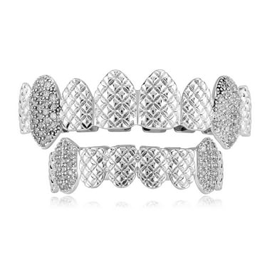 LNGOOR 18K Gold Plated Grillz, Top & Bottom Diamond Face Grills, Iced ...