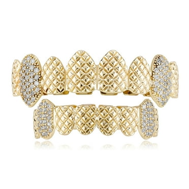 LNGOOR 18K Gold Plated Grillz, Iced Out Hip Hop Poker Diamond Grills ...