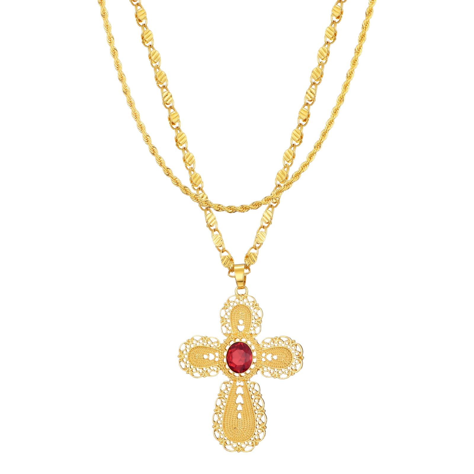 Sajayea Ethiopian Cross Necklace YPF5 24K Red Rhinestone Pendant ...
