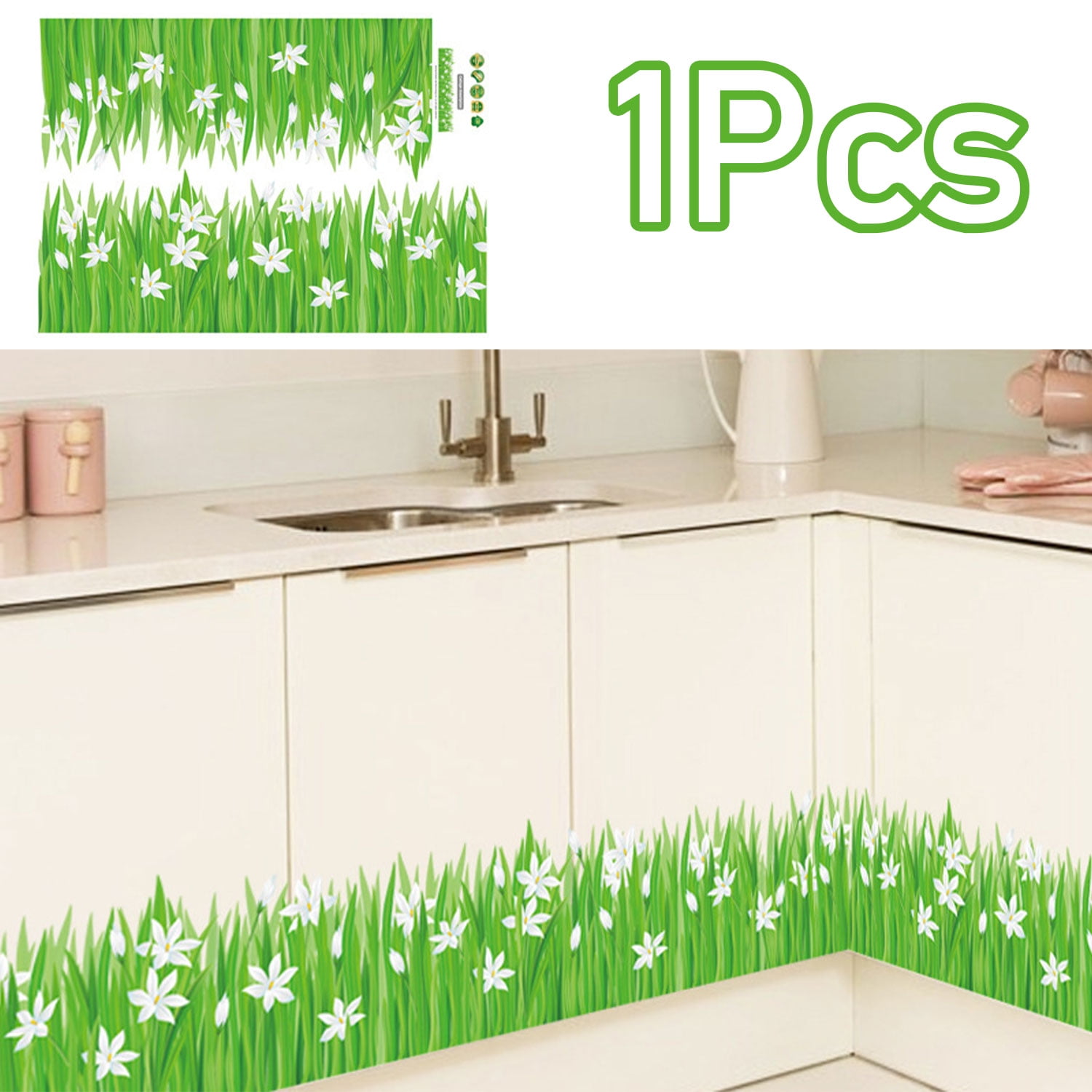 Sakaguro Green Grass and White Flower Wall Edge Stickers, PVC Stickers ...