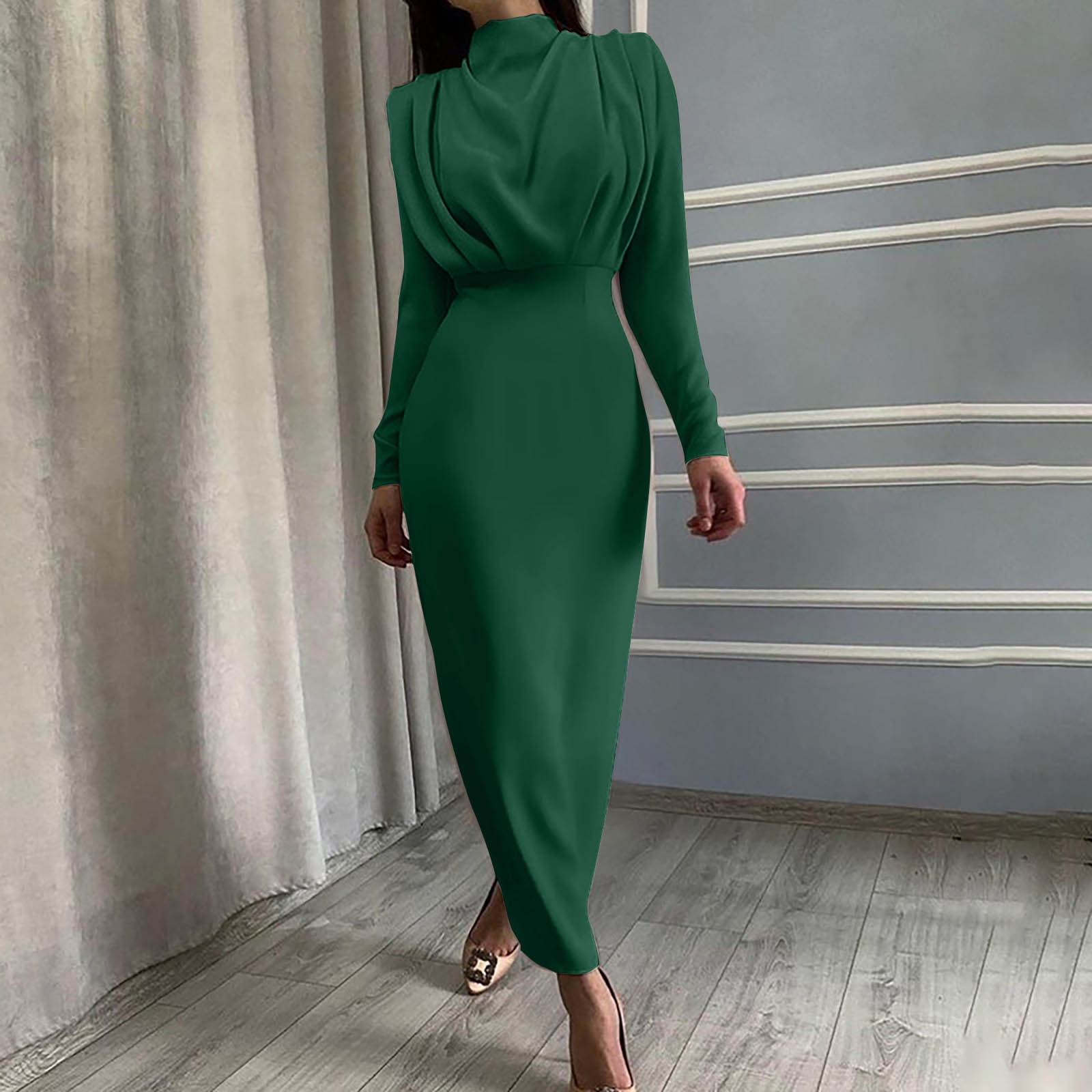 Sakaml Long Sleeve Women'S Dresses Sheath Green Long High Neck Bodycon ...