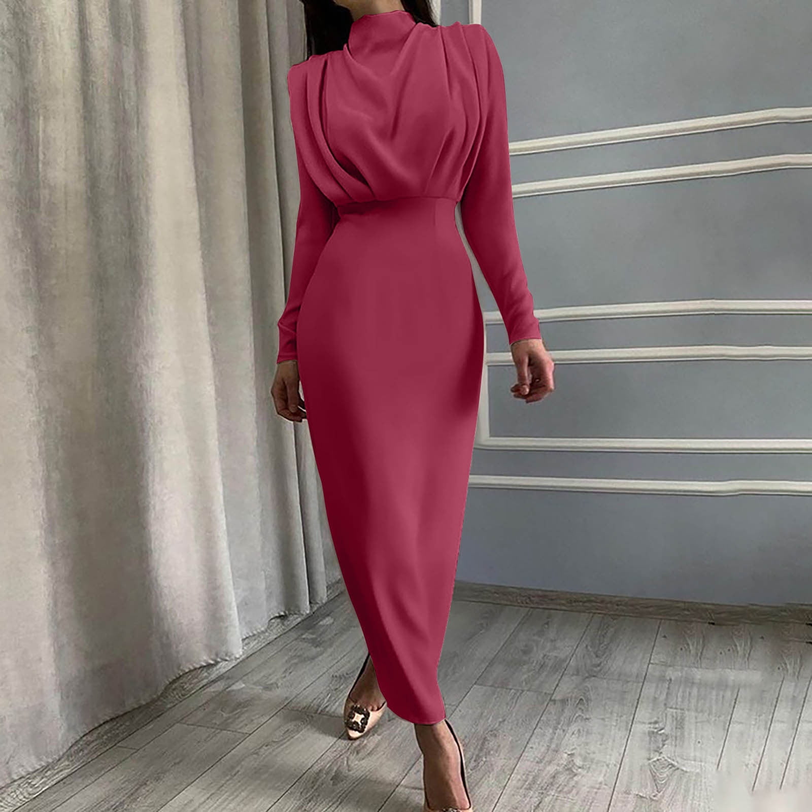 Sakaml Red Women Dresses Clearance Long Sleeve Long Sheath High Neck ...