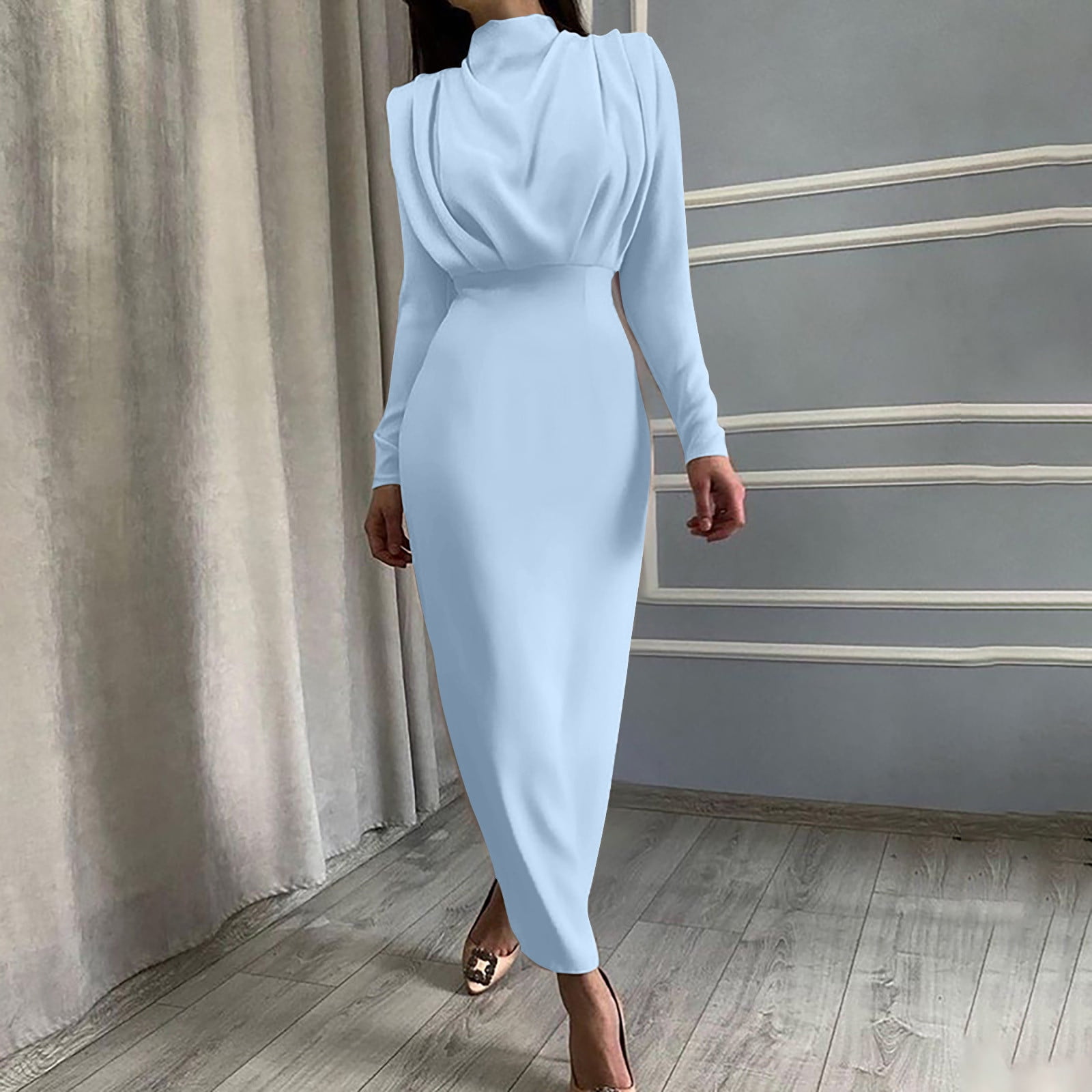 Sakaml Dresses for Women 2024 Spring Sheath Long Long Sleeve Blue High ...