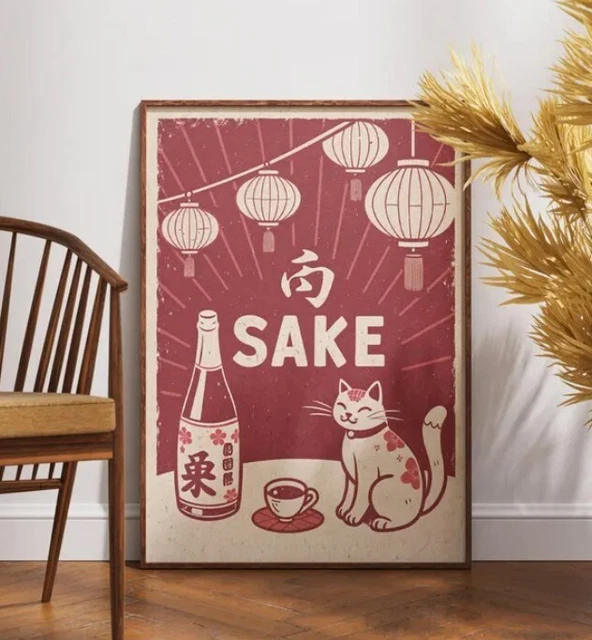 Sake Cat Poster, Retro Japanese Art, Kawaii Beverage Print NO FRAMED ...