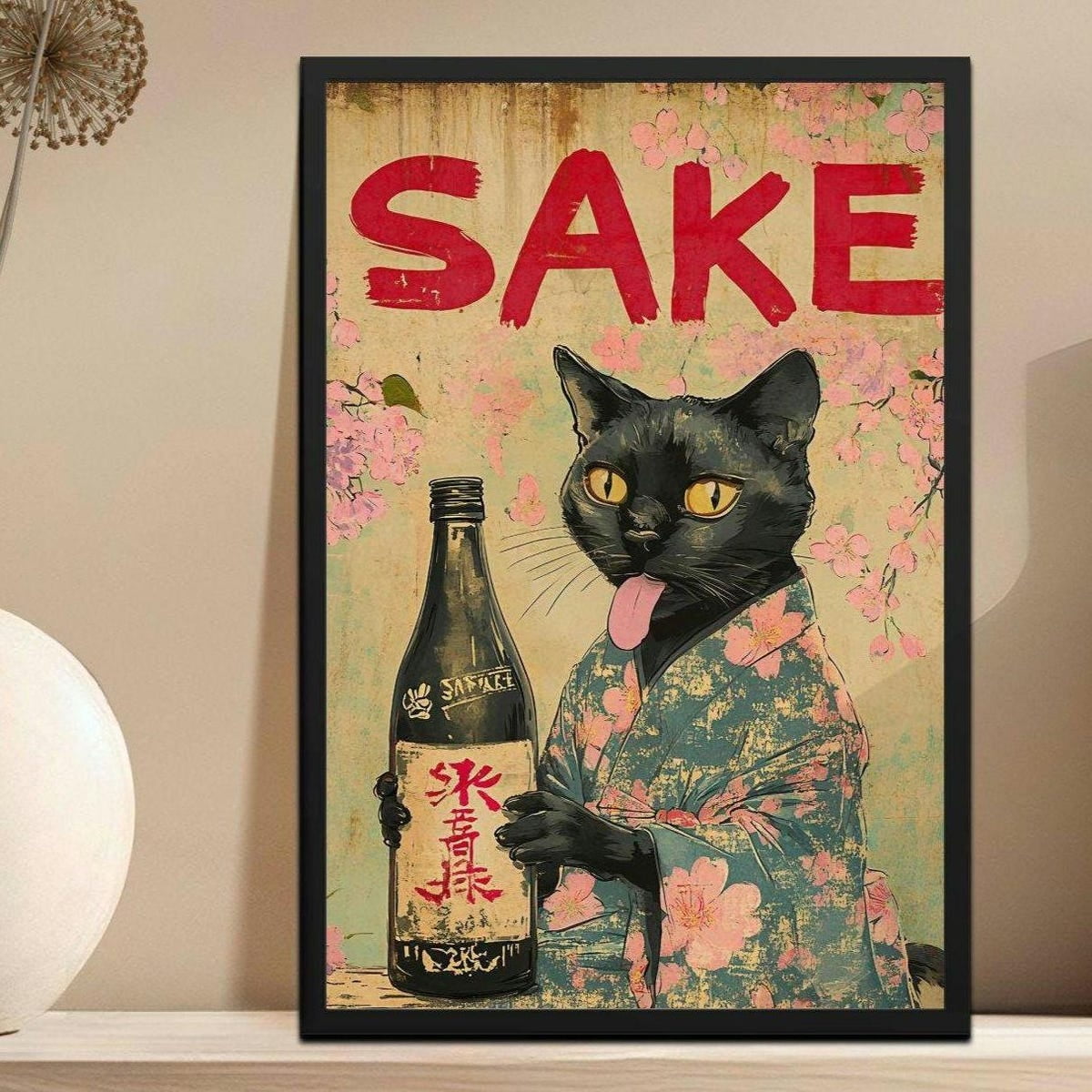 Sake Cat Posters, Funny Black Cat, Kimono Posters, Japanese Sakura ...