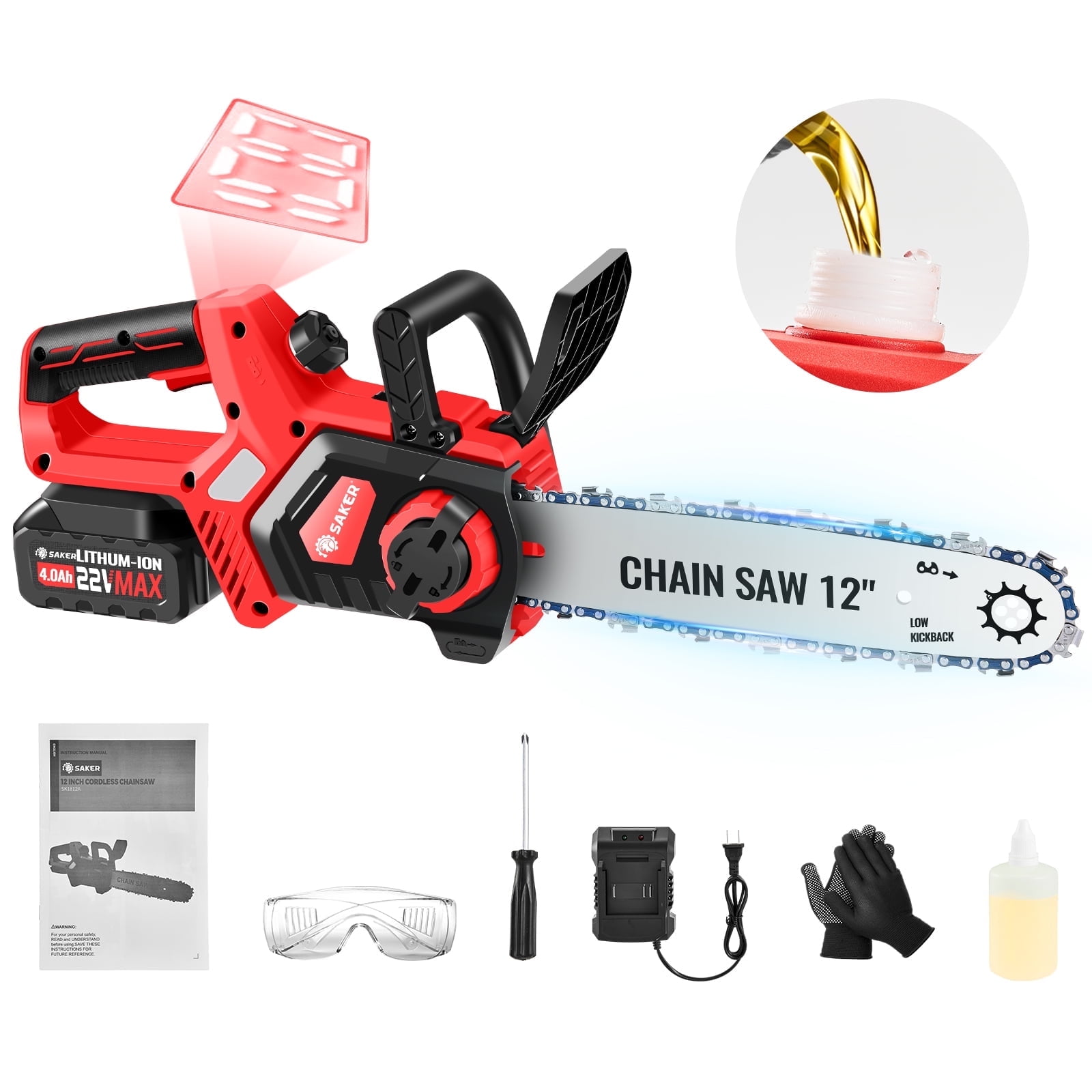 "Saker 12"" Cordless Chainsaw, 22V, Auto-Tension, Battery Display, 4 ...