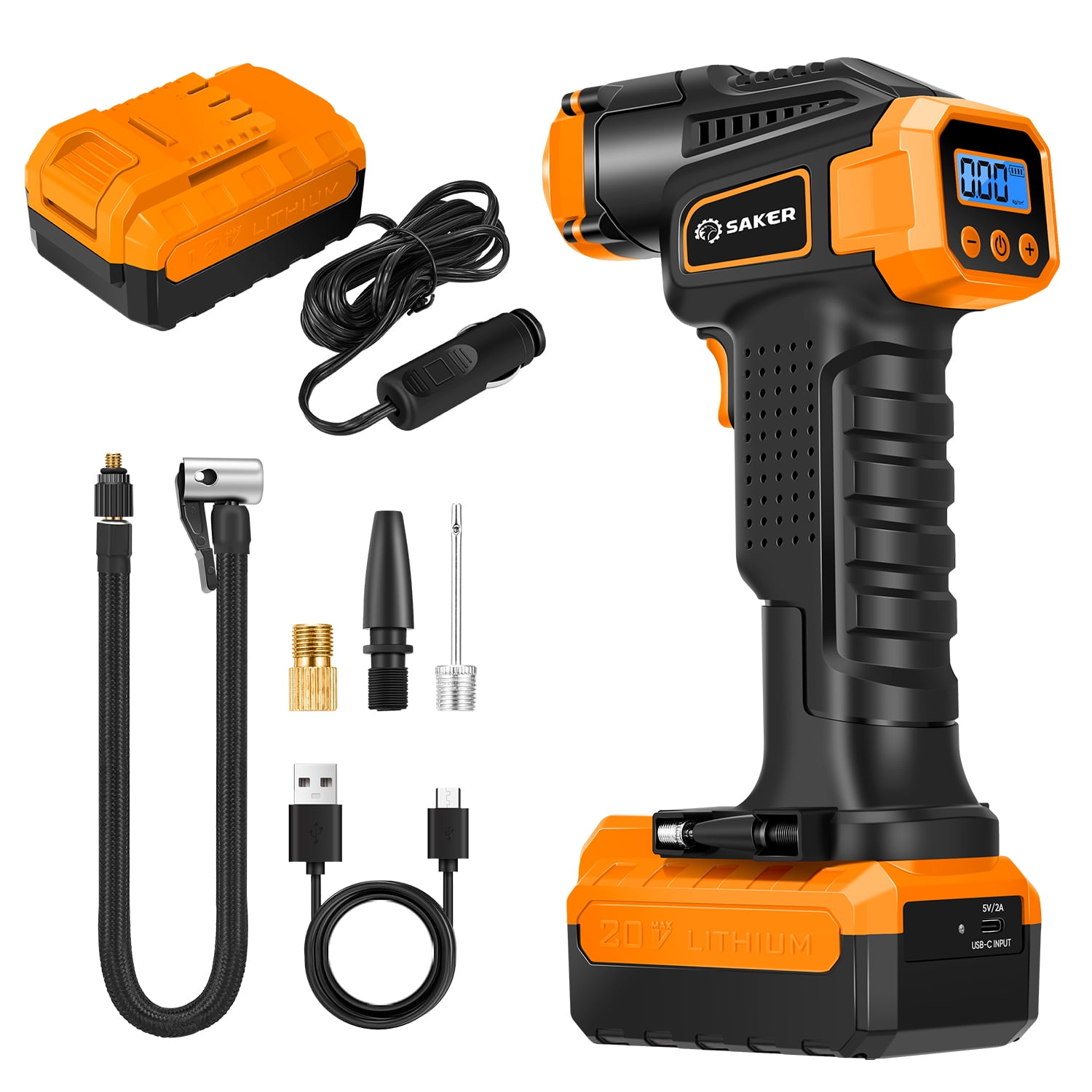 Saker 20V Cordless Tire Inflator, 150PSI Car Tire Air Pump with ...