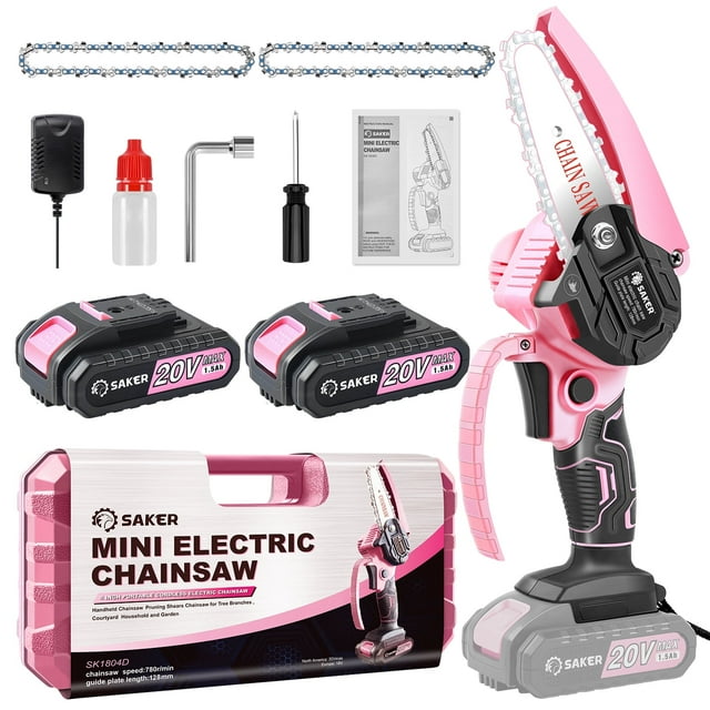 Saker 4 Inch Mini Chainsaw, Portable, Pink Cordless Saw, 3 Chains & 2 ...
