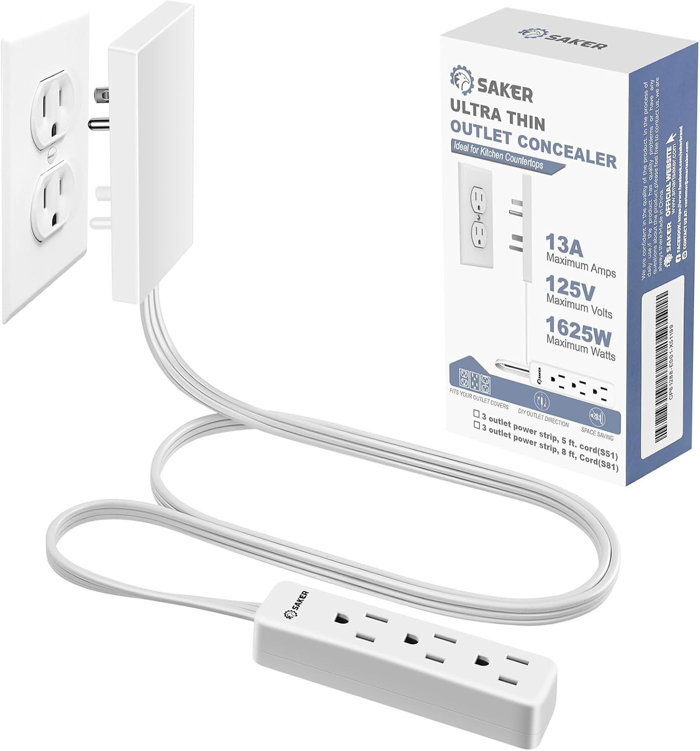 Saker Outlet Concealer Power Strip | 5ft Flat Plug Extension Cord with ...