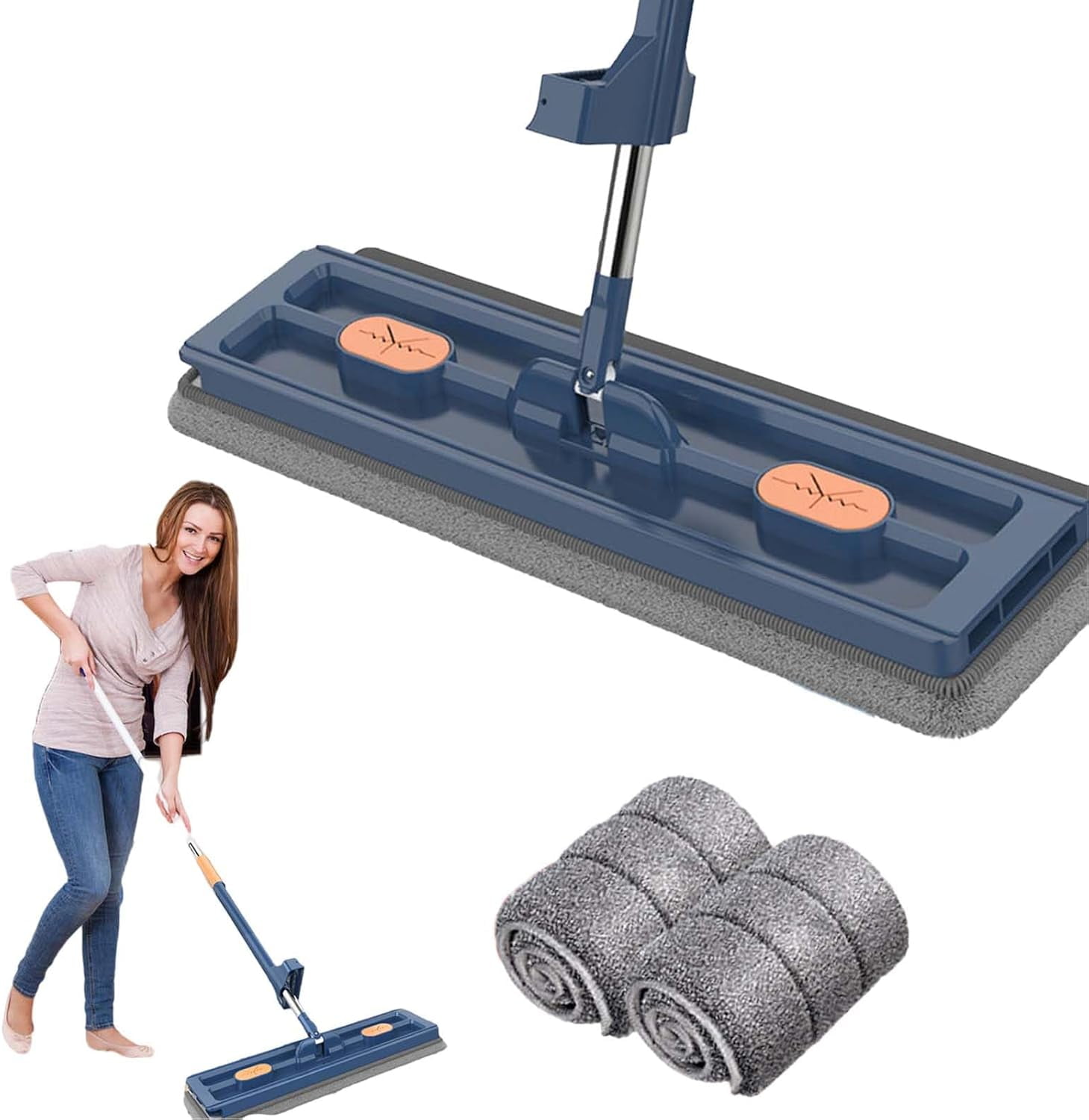 Saker Plus Flat Mop and Collapsible Bucket - Large Floor Cleaning System with 2 Washable ...