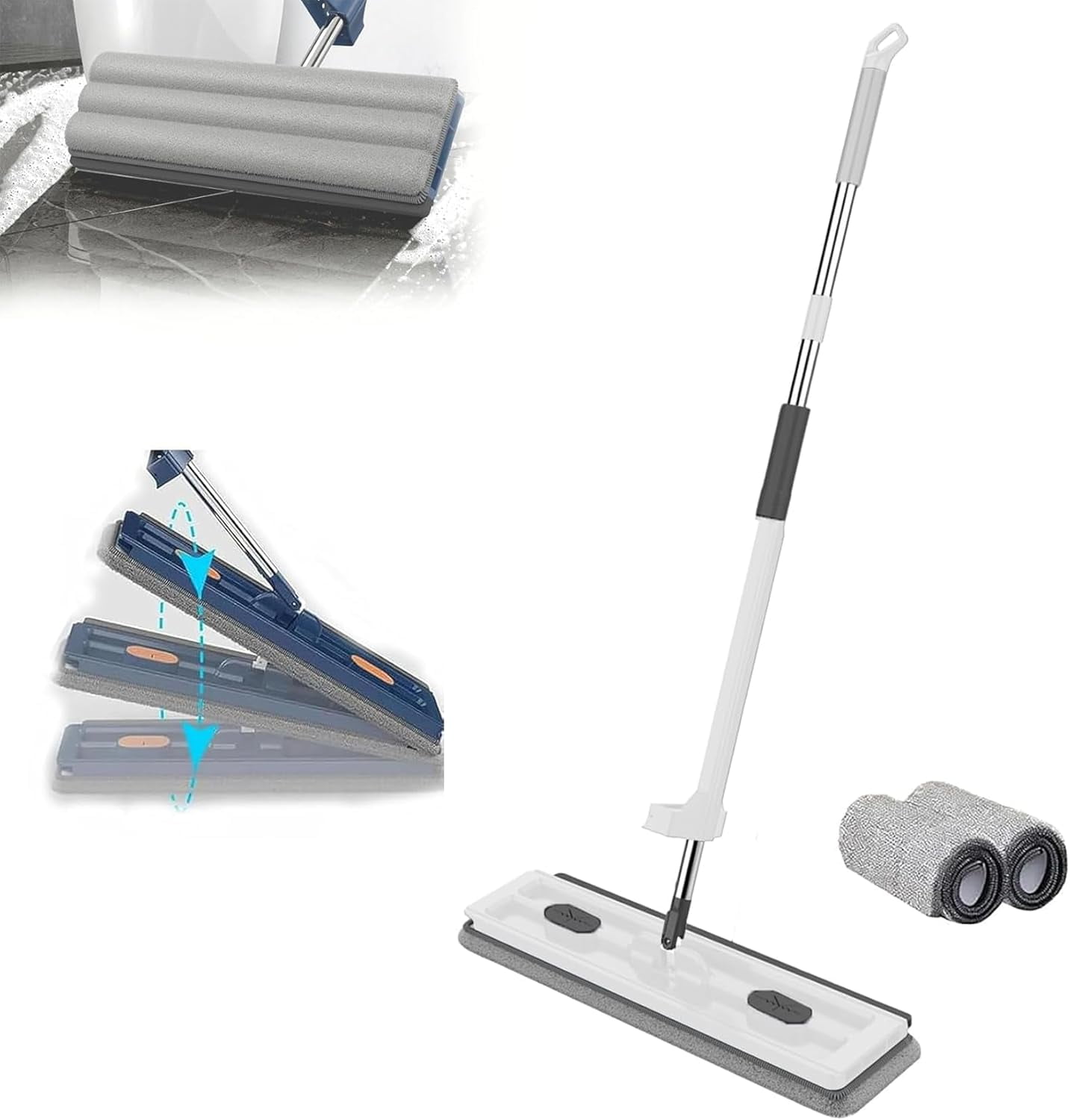 Sakerplus Large Flat Mop and Bucket Set, 360° Self-Wringing Floor Mop with Scraper, Reusable ...