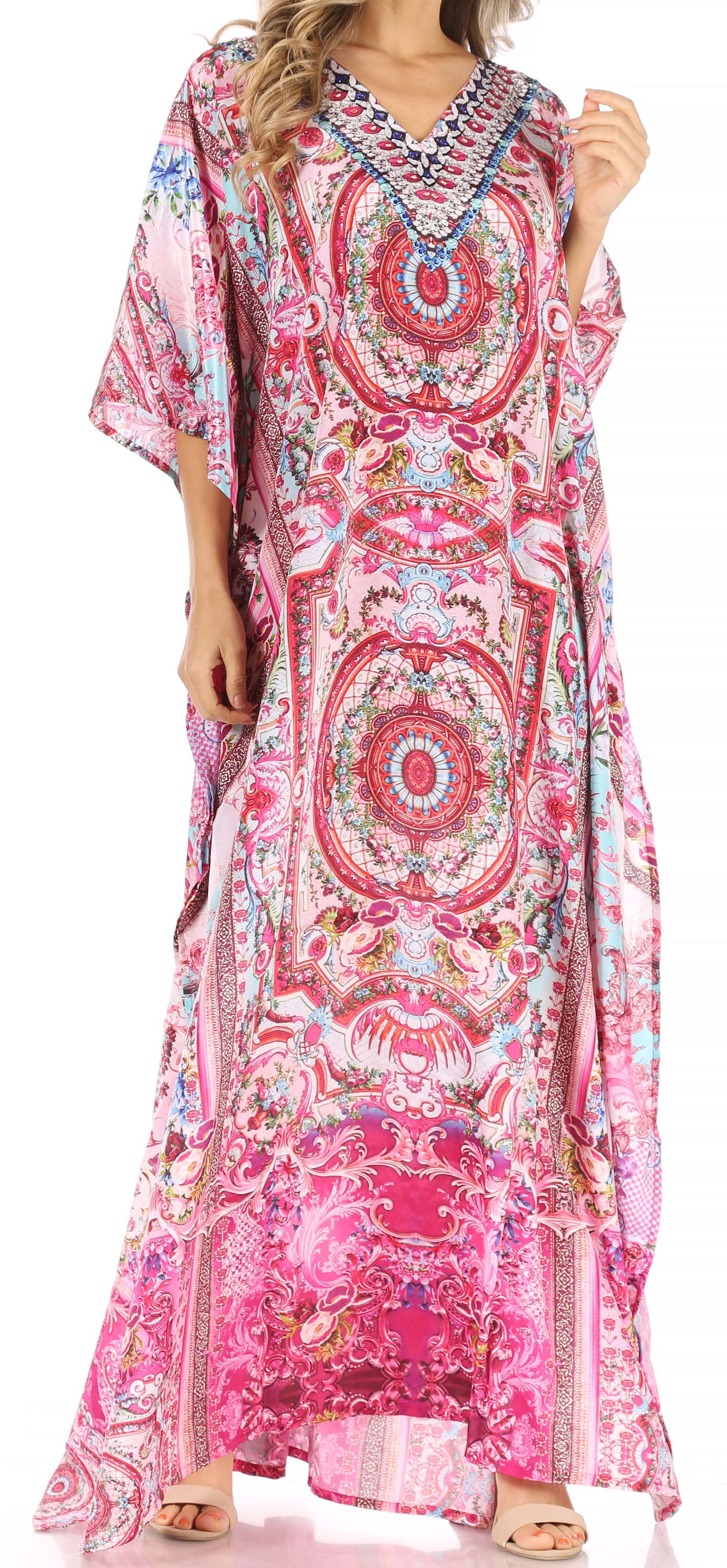 Sakkas Anahi Flowy Design V Neck Long Caftan Dress / Cover Up With ...