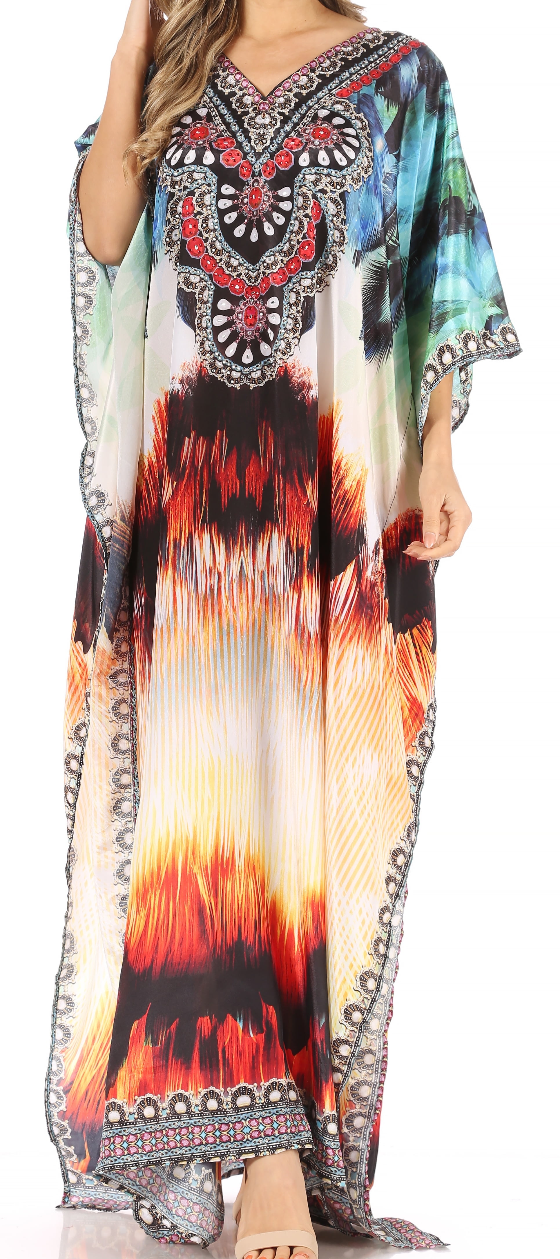 Sakkas Anahi Flowy Design V Neck Long Caftan Dress / Cover Up With ...