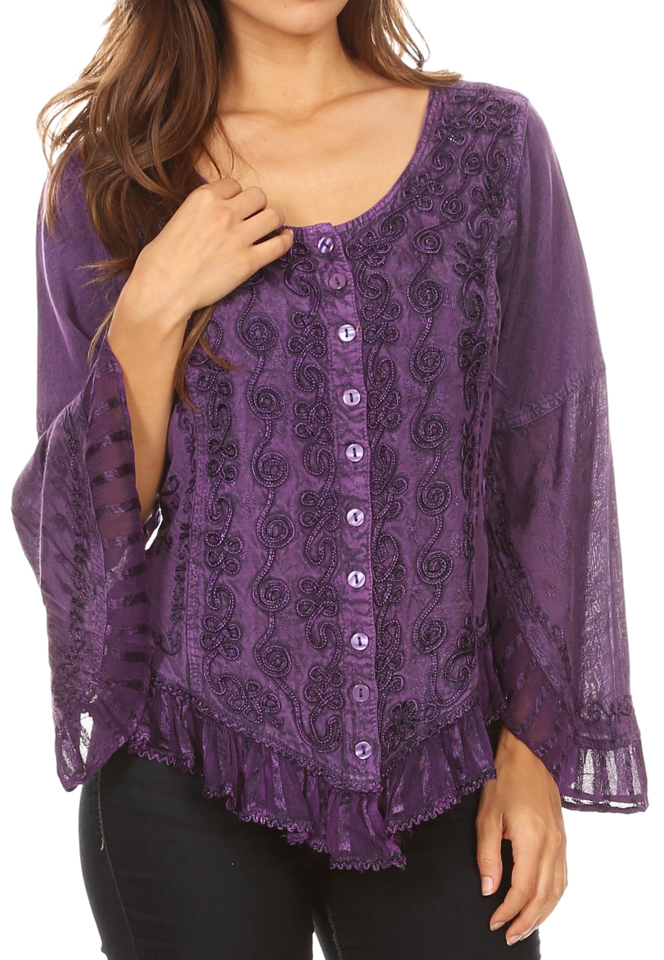 Sakkas Aura Womens Casual Ruffle Flare Crop Top Blouse Long Sleeves w ...