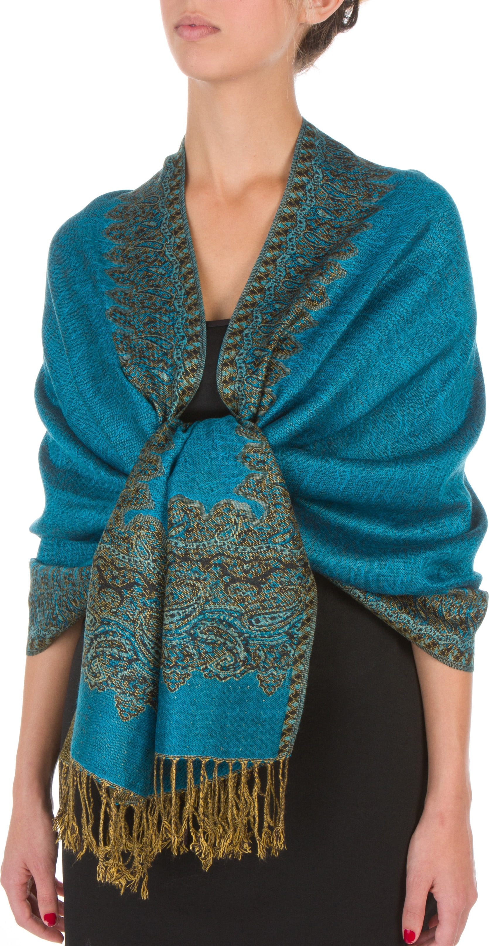 Sakkas Reversible Woven Pashmina Shawl with Border Pattern, Double ...