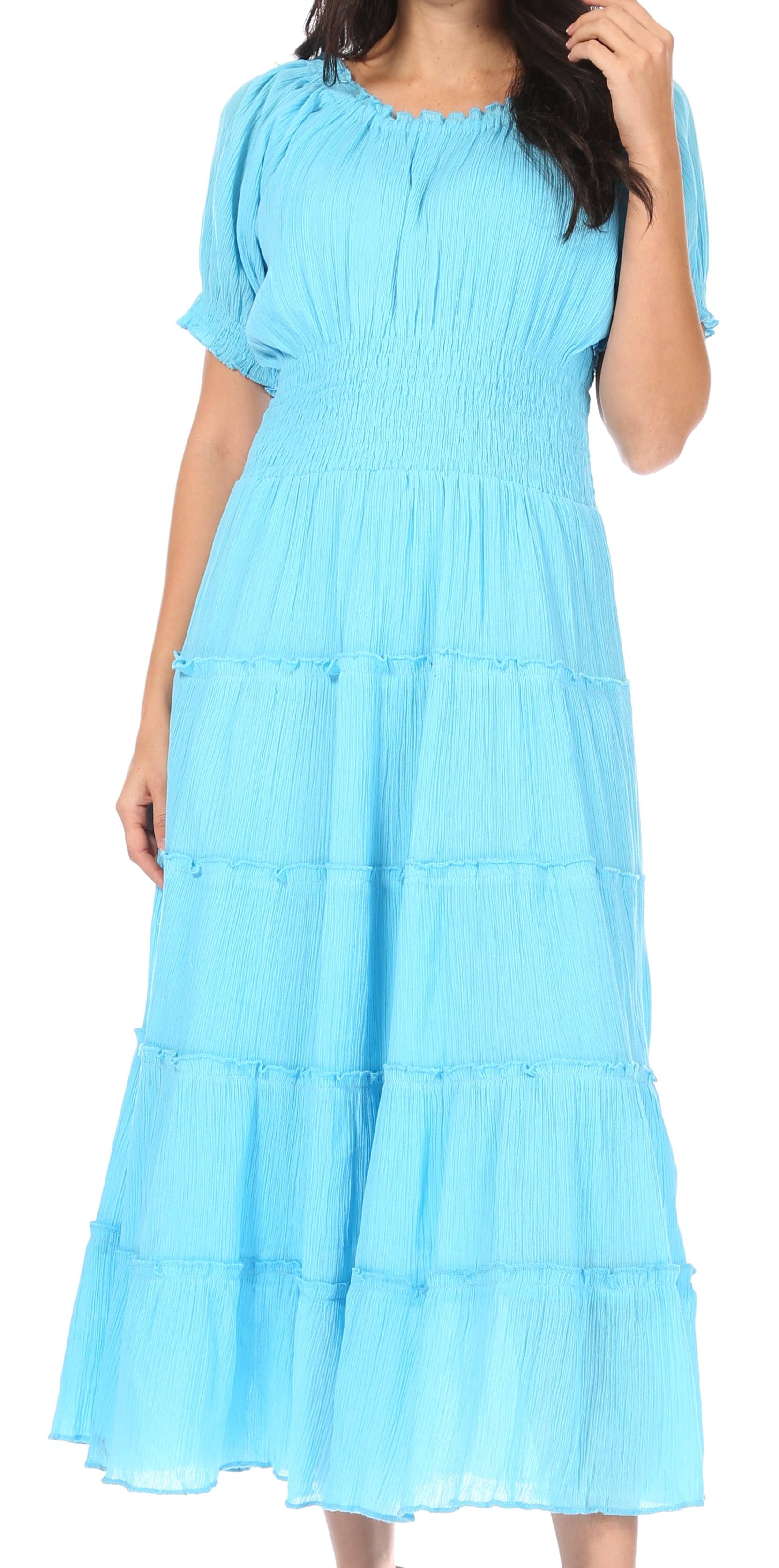 Sakkas Cotton Crepe Smocked Peasant Gypsy Boho Renaissance Mid Length ...