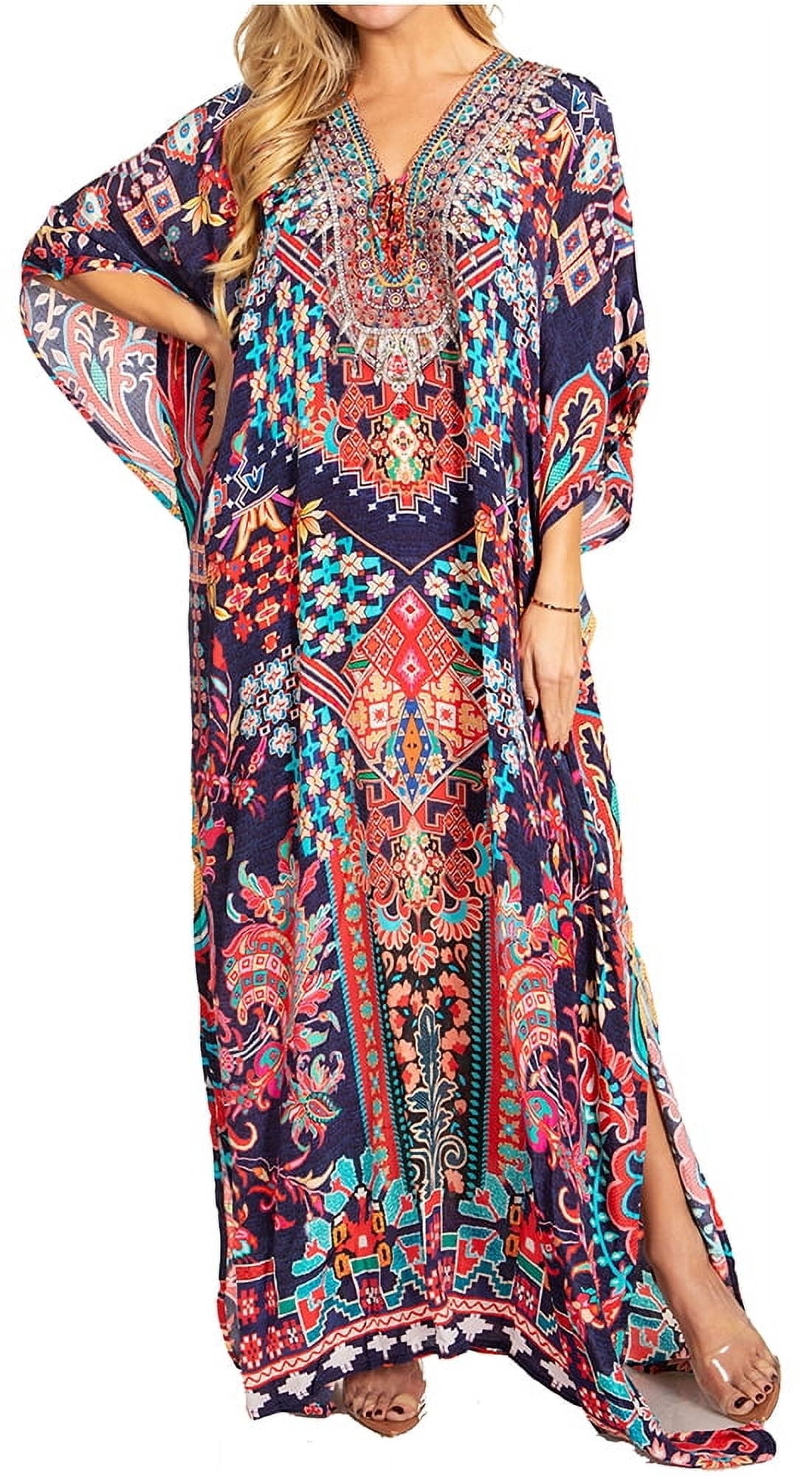 Sakkas Georgettina 2025 Flowy Rhinestone V Neck Long Caftan Dress ...