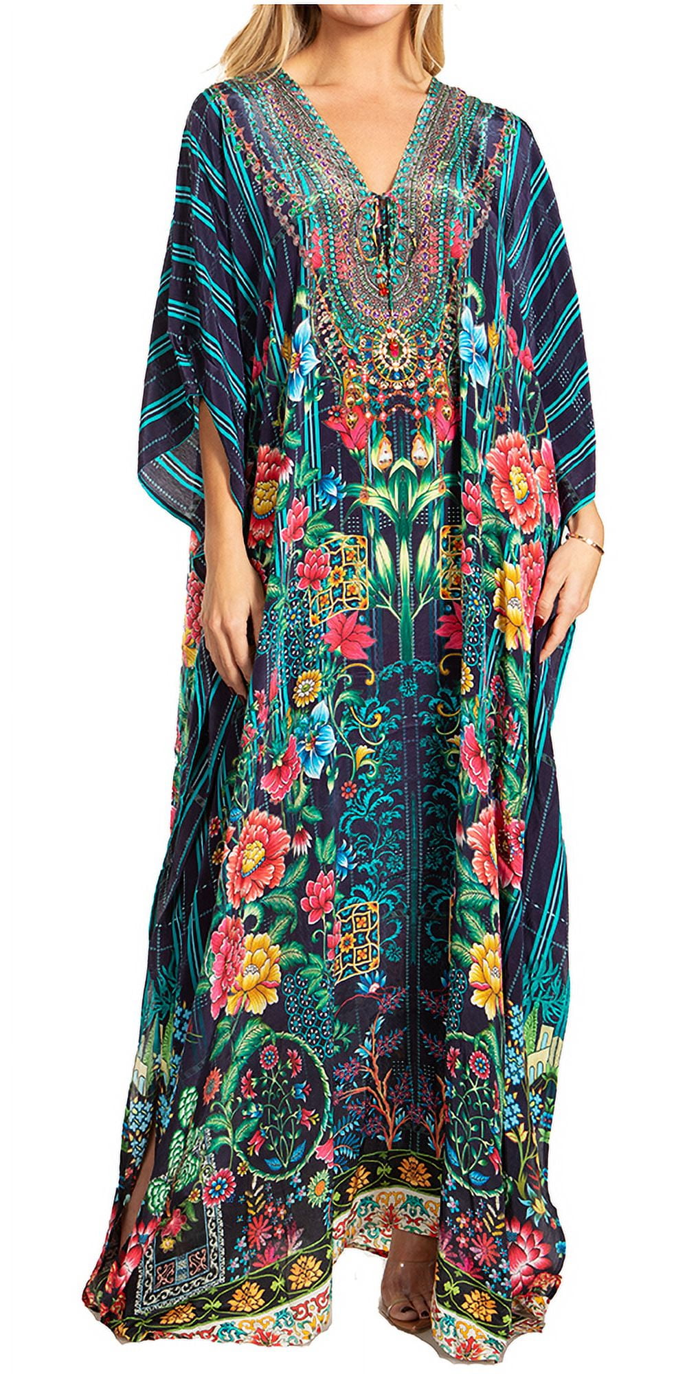 Sakkas Georgettina 2025 Flowy Rhinestone V Neck Long Caftan Dress ...