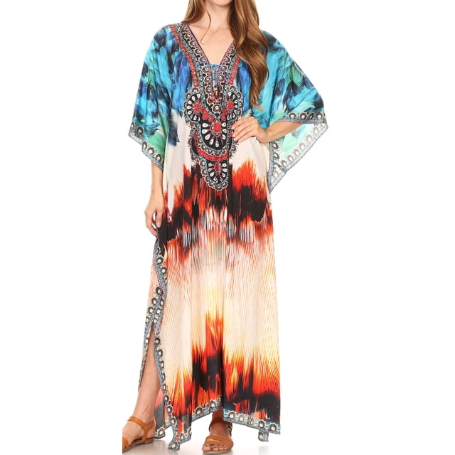 Sakkas Georgettina Flowy Rhinestone V Neck Long Caftan Dress / Cover Up ...