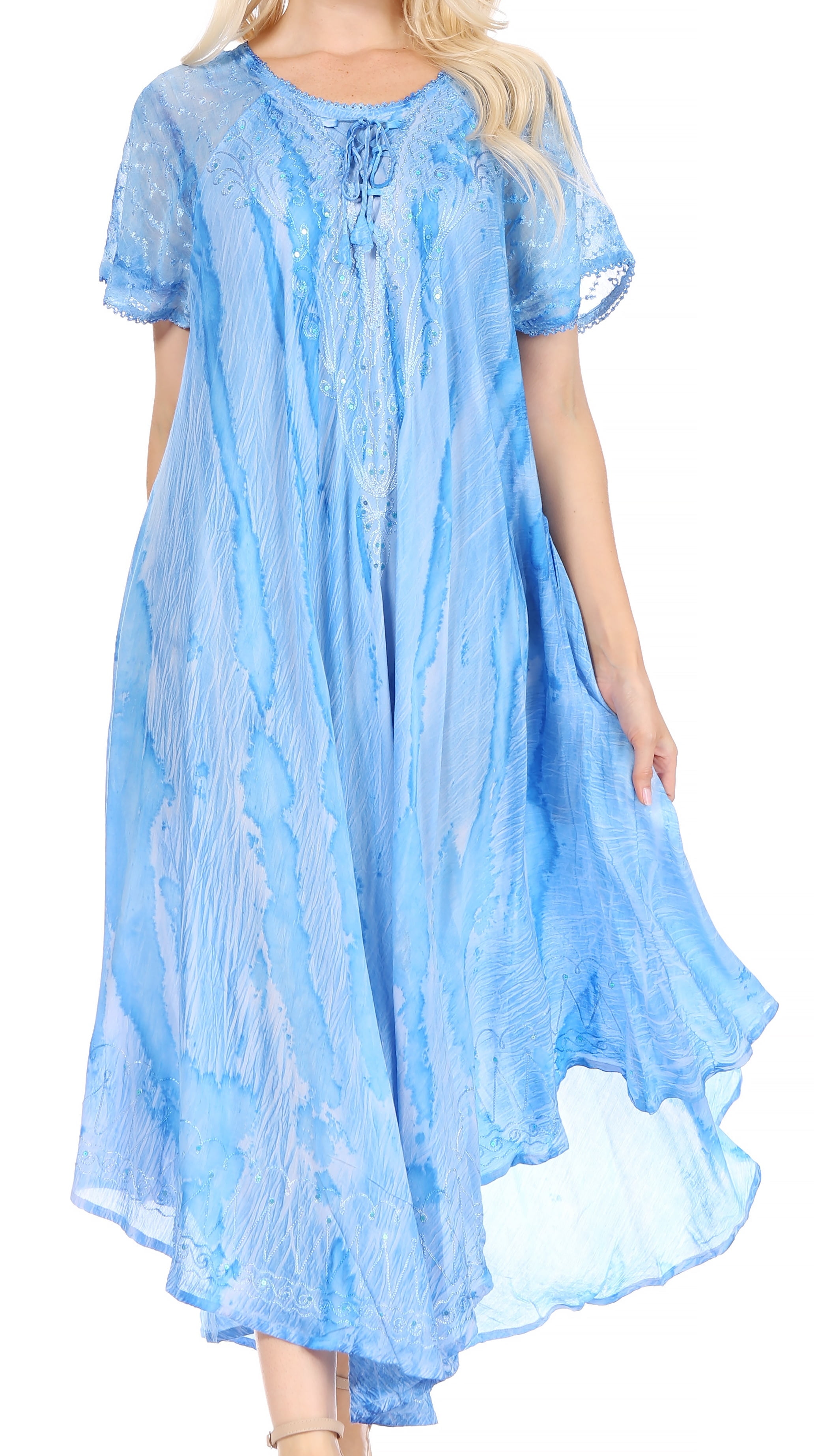Sakkas Myani Two Tone Embroidered Sheer Cap Sleeve Caftan Long Dress ...