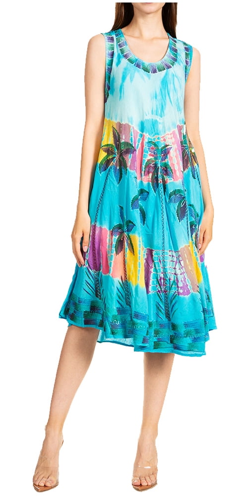 Sakkas Palm Tree Tie Dye Caftan Dress / Cover Up - Turquoise - One Size ...