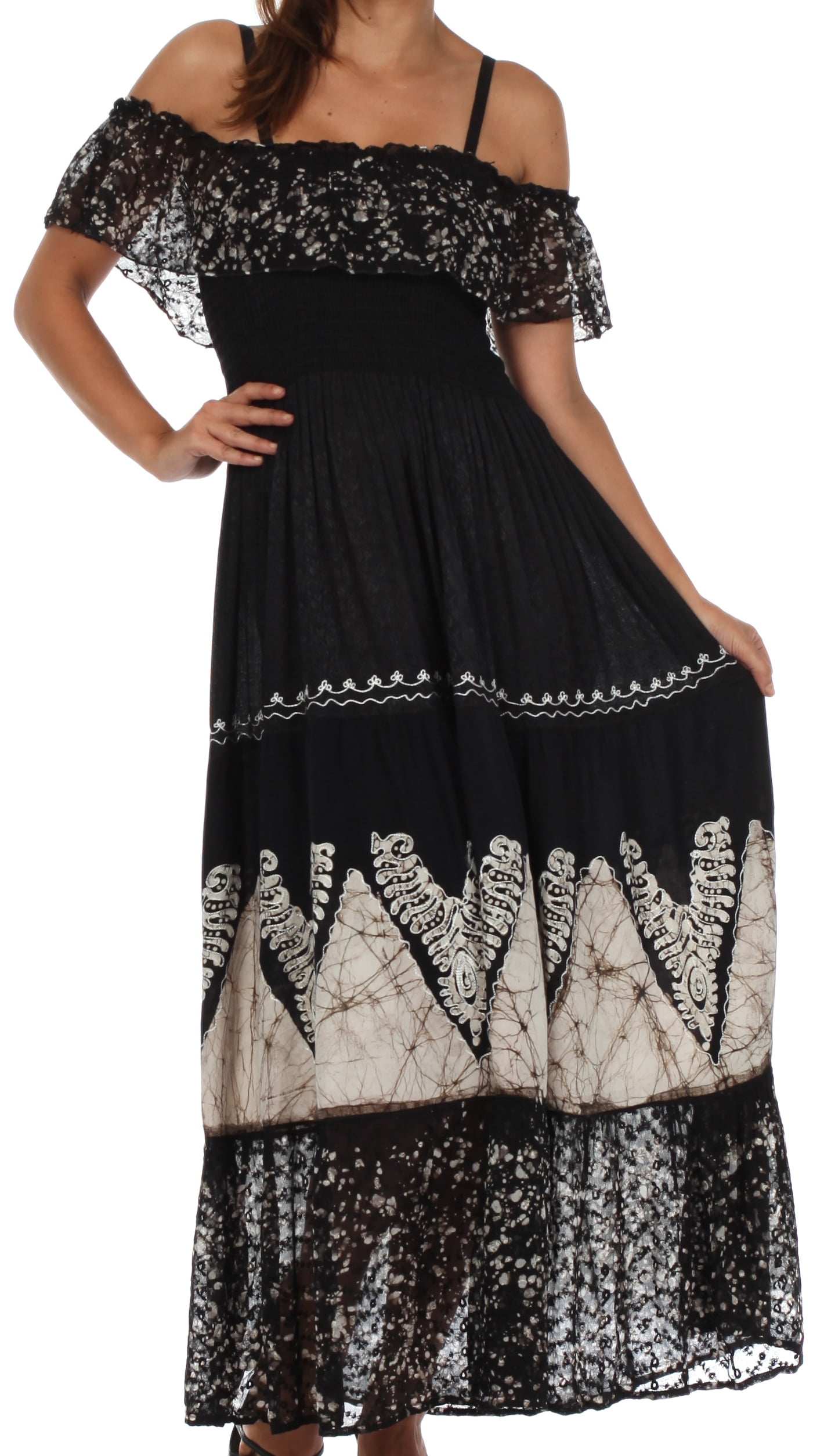 Sakkas Tiva Batik Embroidered Jacquard Off Shoulder Peasant Dress ...