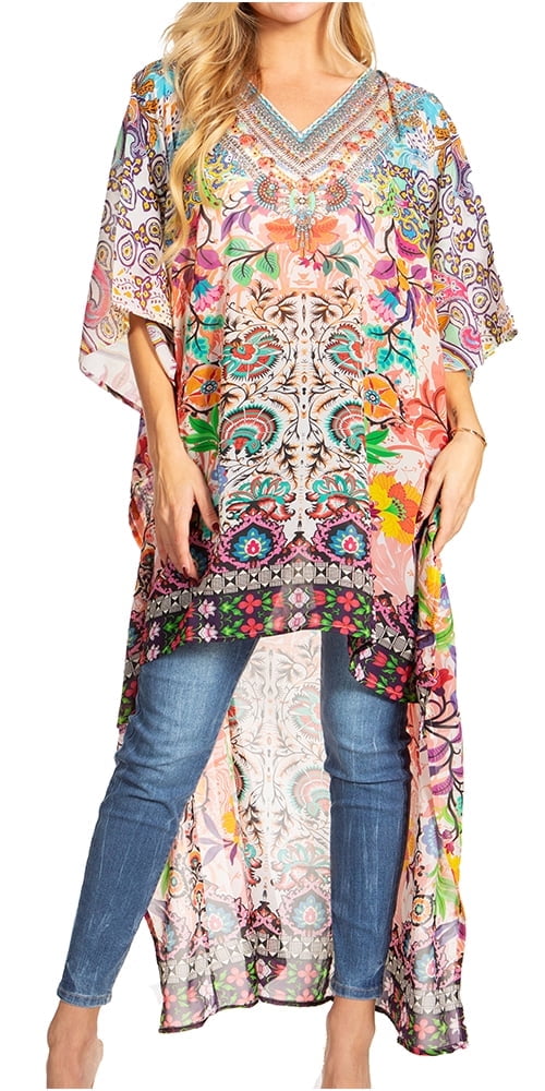 Sakkas Zeke Hi Low V-Neck Caftan Dress Printed Top Cover / Up - 608 ...