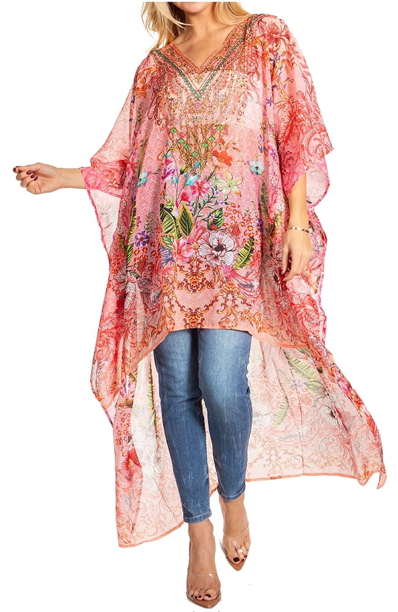Sakkas Zeke Hi Low V-Neck Caftan Dress Printed Top Cover / Up - 617 ...