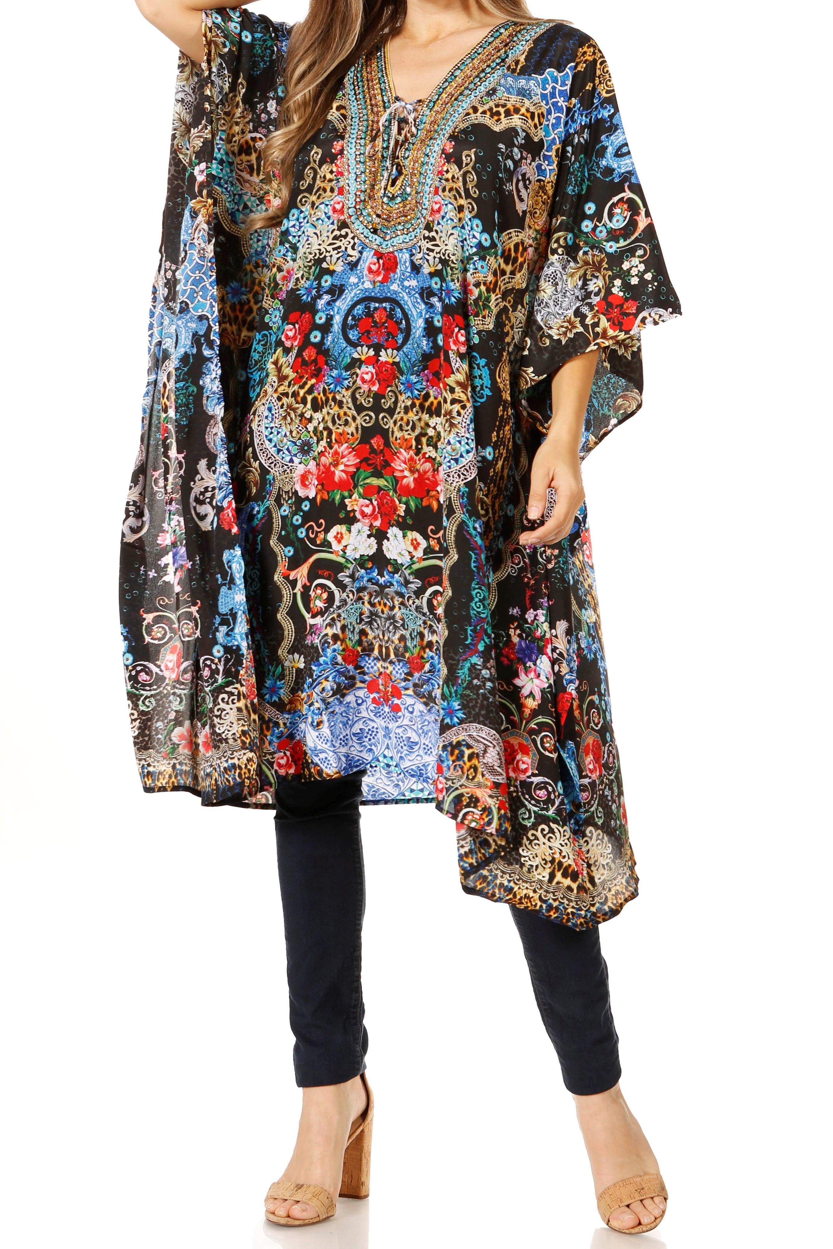 Sakkas Zeni Women's Short sleeve V-neck Summer Floral Print Caftan ...