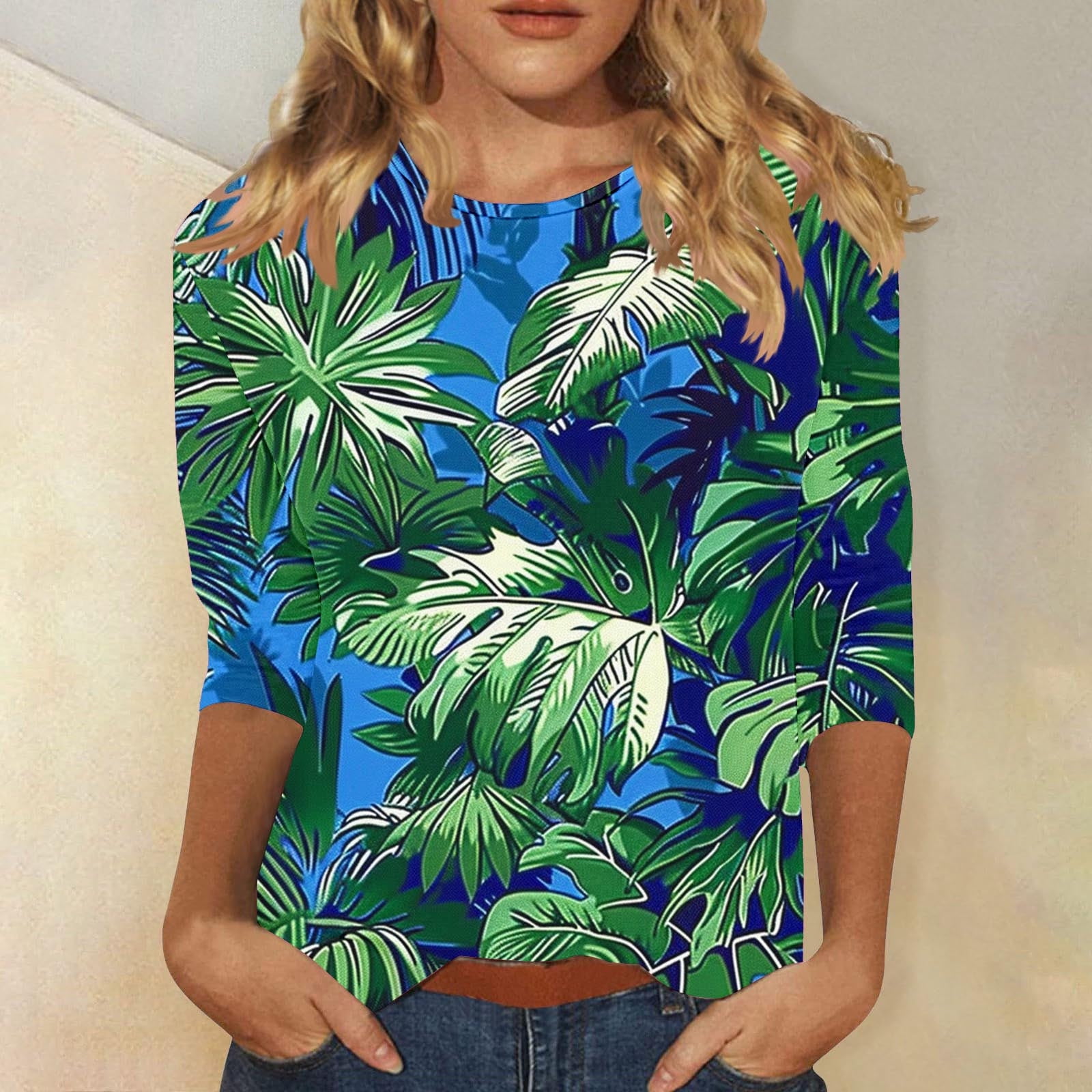 Sakmal 3/4 Sleeve Spring Blouses for Women 2025 Hawaiian Tropical Crew ...