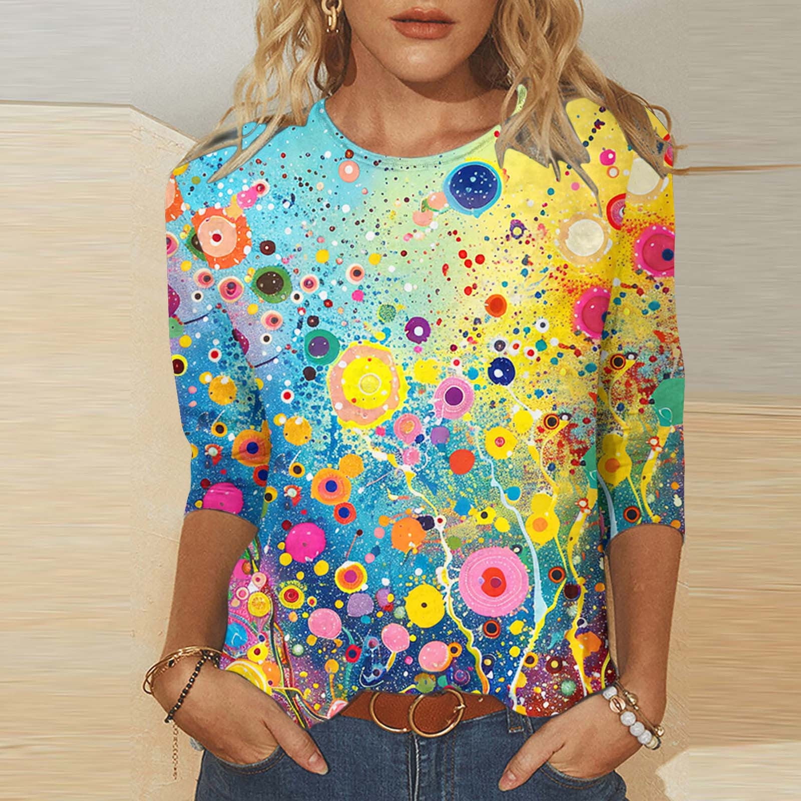 Sakmal 3/4 Sleeve Womens Tops Under $5 Blue Crew Neck Flower Graphic T ...