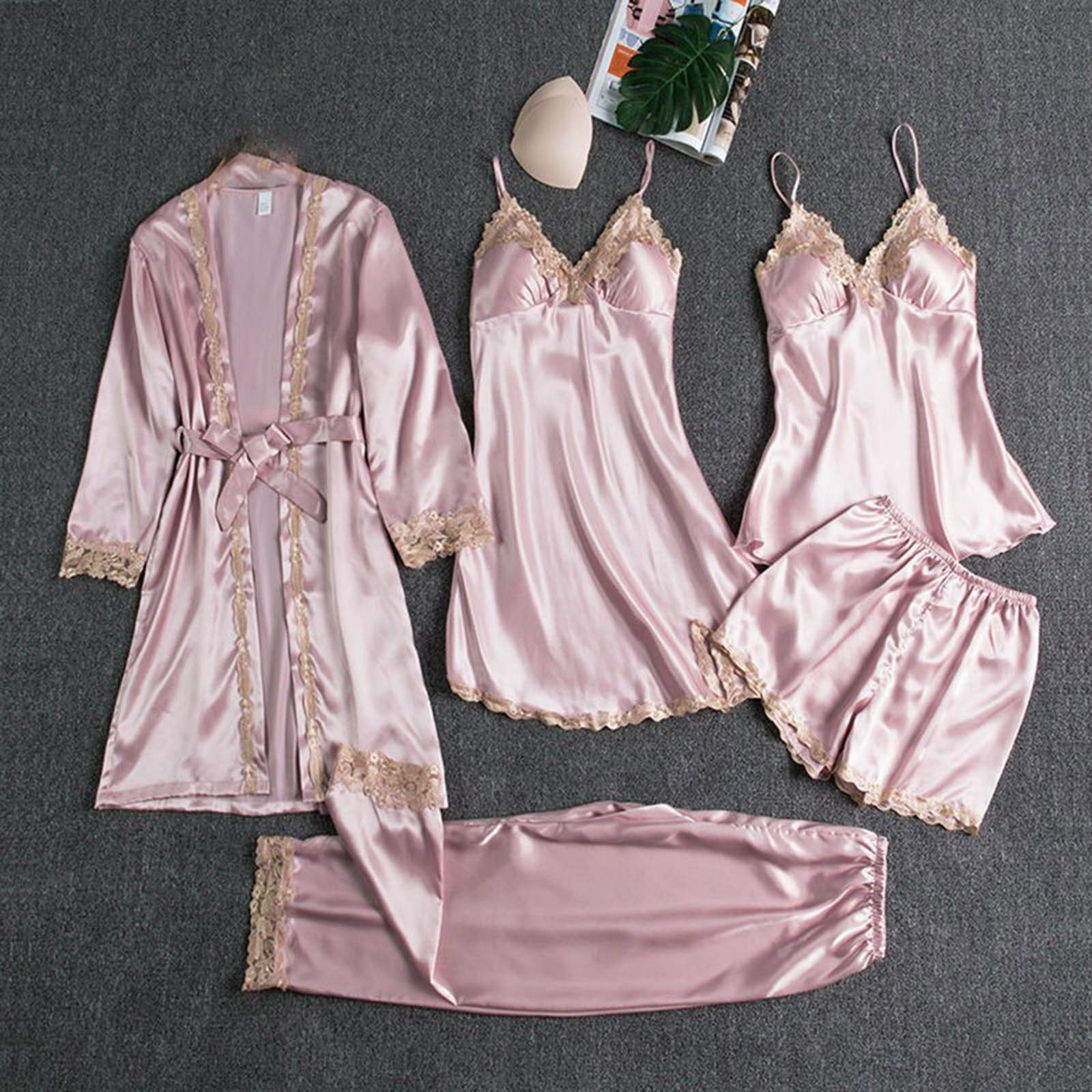 Sakmal 5PC Robes for Women Kimono Long Satin Plus Size Loungewear for ...