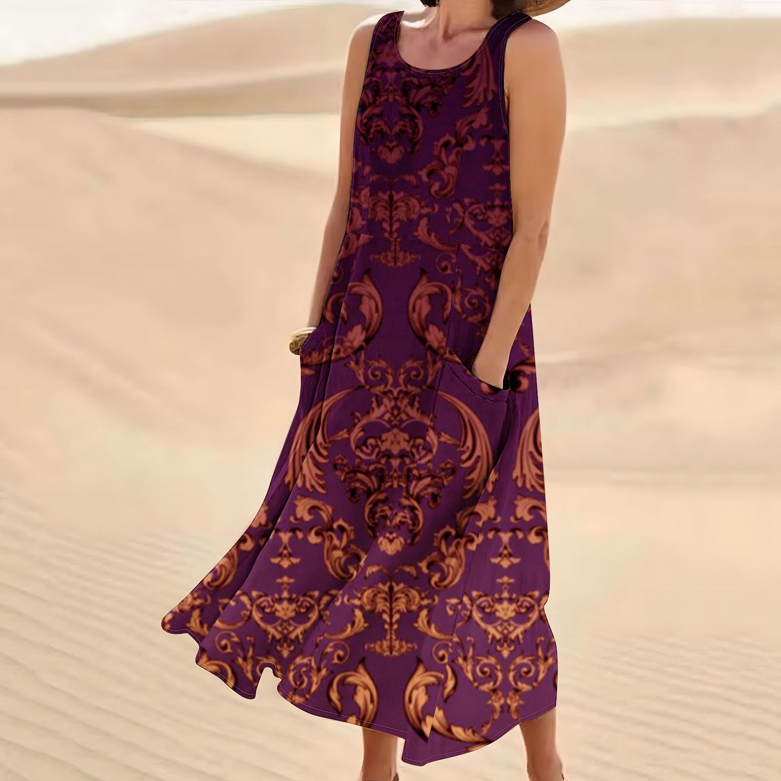 Sakmal A Line Spring Dresses Maxi Red Linen Tank Dress Crew Neck Boho ...