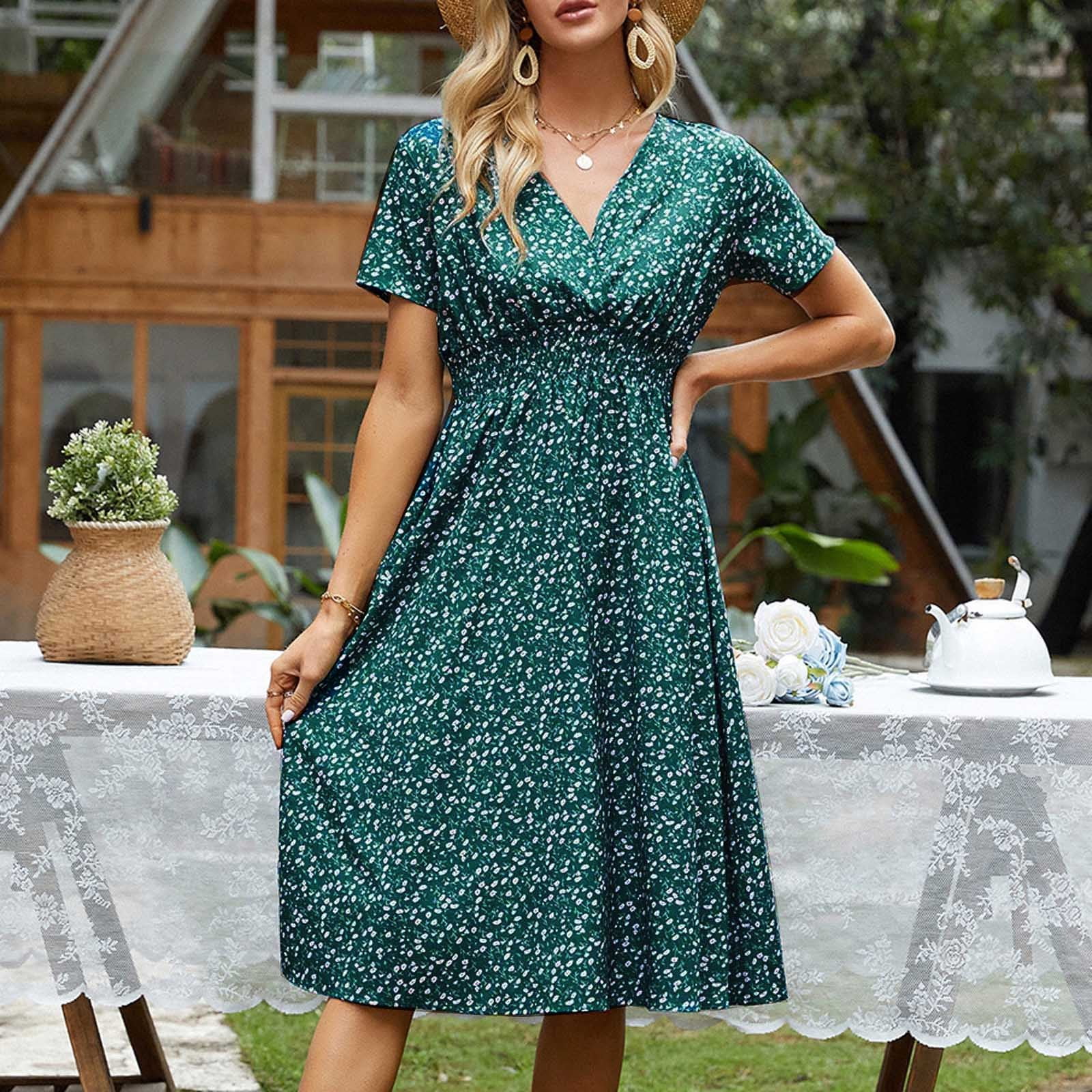 Sakmal Above Knee Women Dresses Blue Faux-Wrap Dresses Boho Short ...