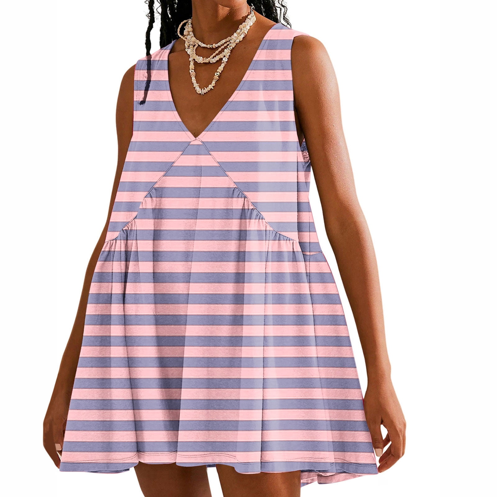 Sakmal Basic Summer Dresses for Women 2024 Striped Pink Sleeveless ...
