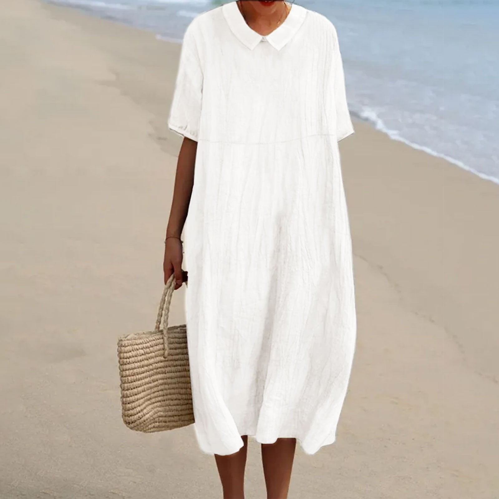 Sakmal Basic Summer Dresses for Women Loose Fit Solid White Short ...