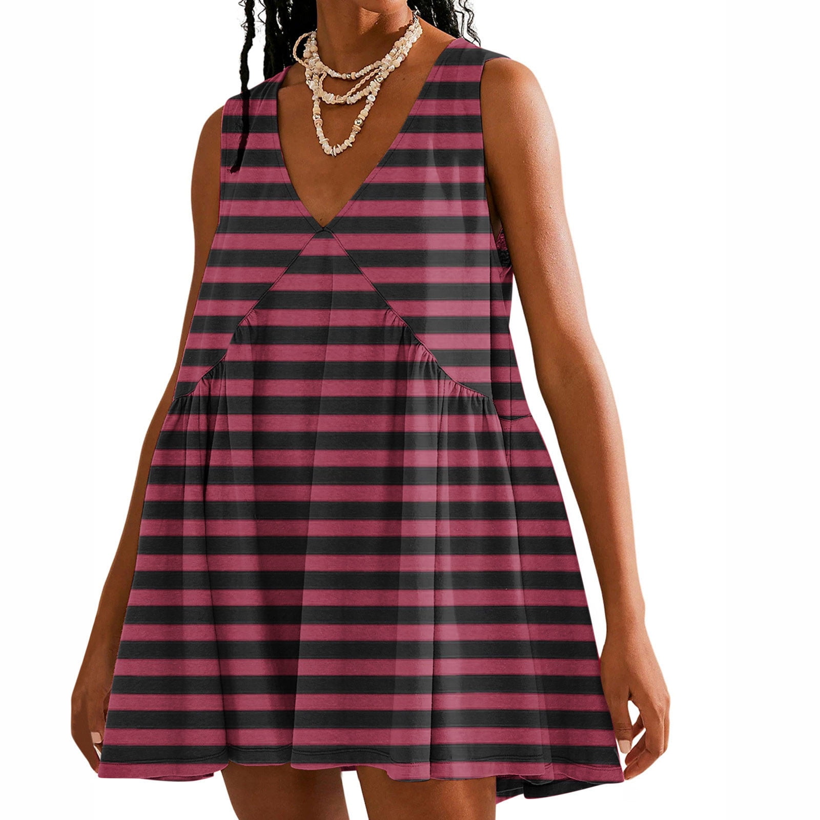 Sakmal Basic Sun Dresses for Women 2024 Striped Sleeveless Red Comfort ...