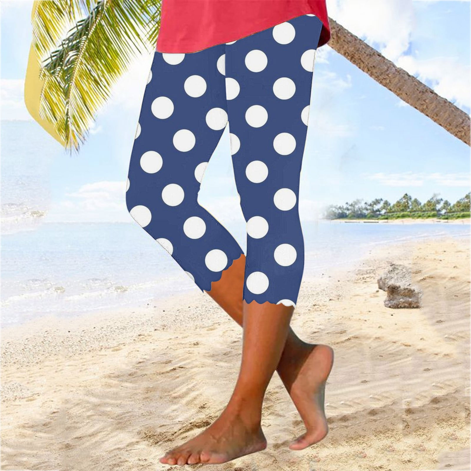 Sakmal Beach Capris Pants for Women Slim Leg Summer Blue High Waisted ...