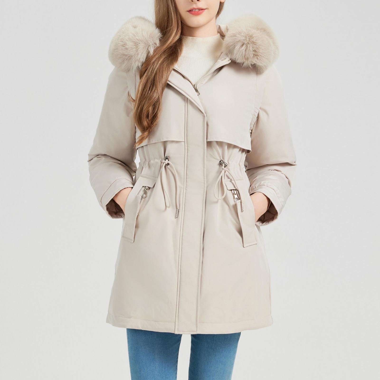 Sakmal Beige Jackets Women Puffer Zip Up Heavyweight Parka Jacket ...