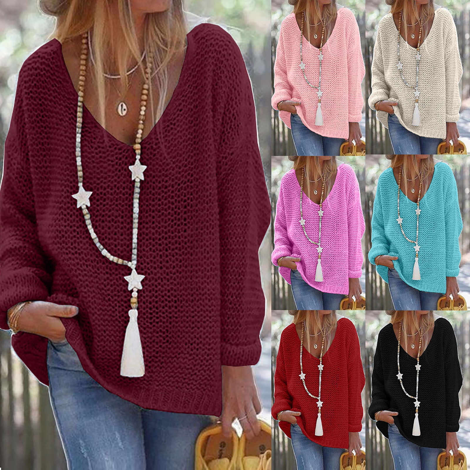 Sakmal Beige Womens Winter Sweaters V Neck Cozy Plain Streetwear ...