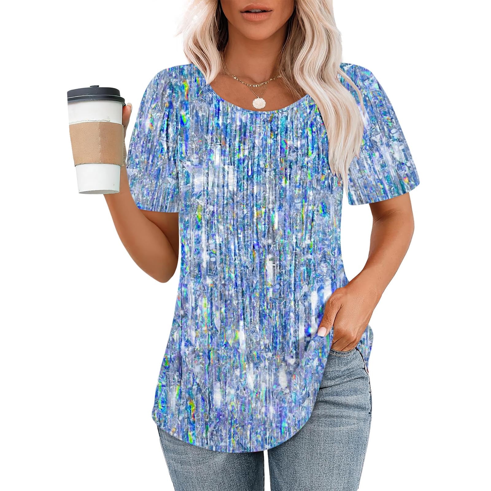 Sakmal V-Neck Tops for Women Plus Size Blue Short Sleeve Glitter ...