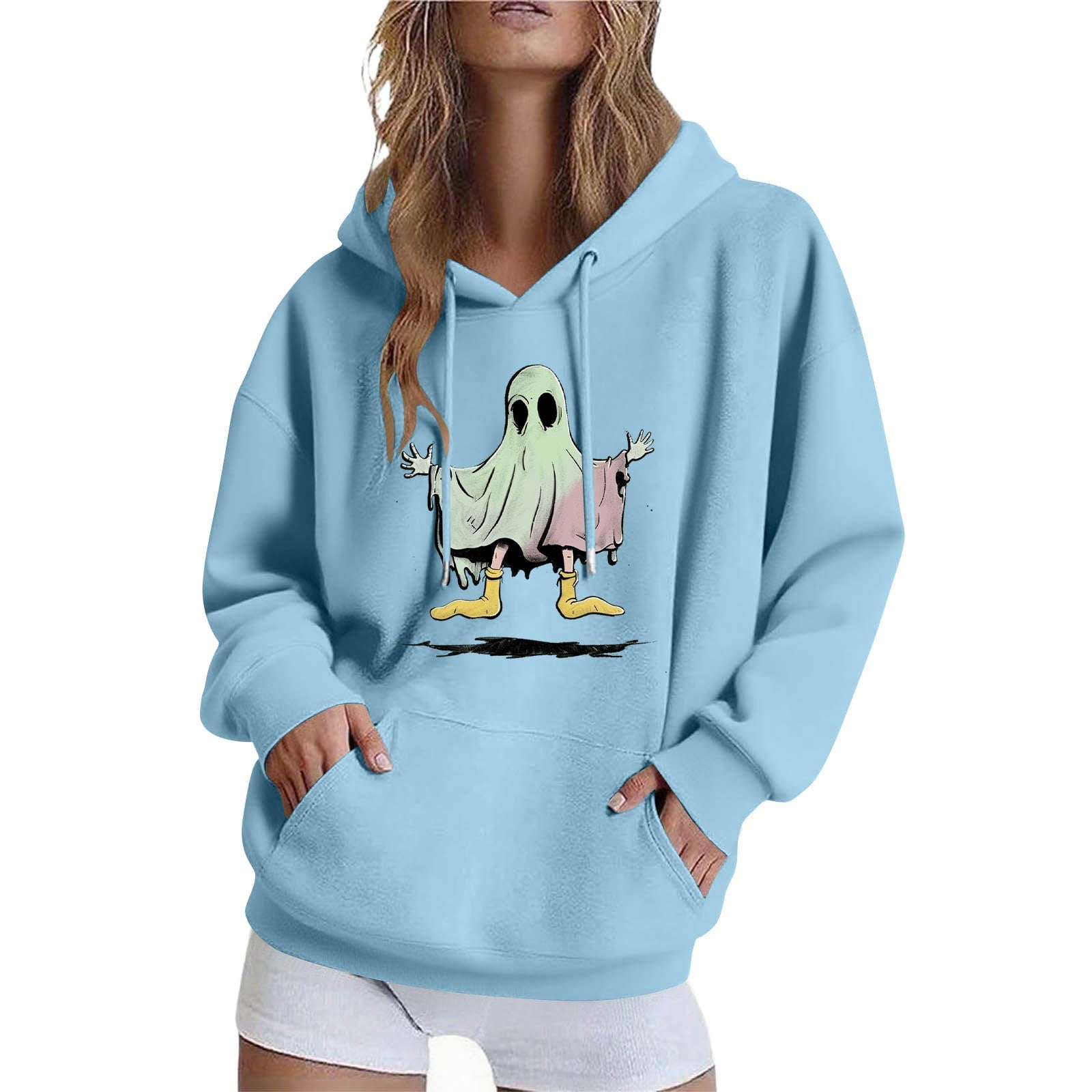 Sakmal Blue Hoodies Women Cute Plus Size Ghost Print Halloween ...
