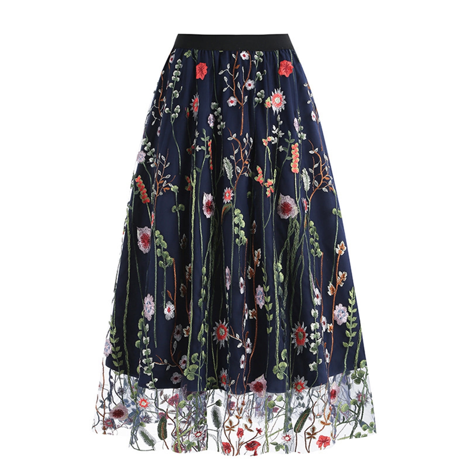 Sakmal Blue Skirts for Women Mesh Long Vintage Ruffle A line Floral ...