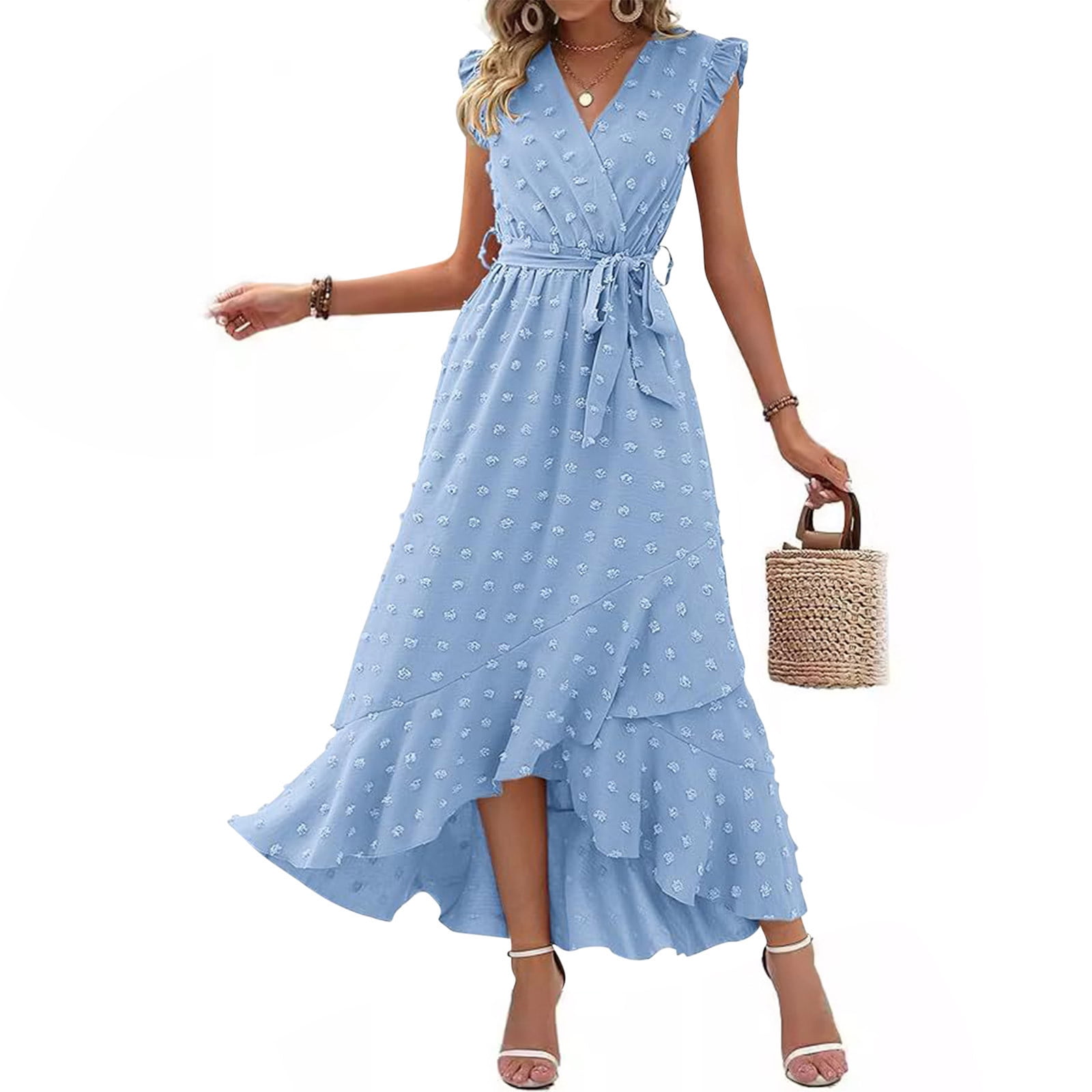 Sakmal Blue Sundresses for Women 2024 Maxi V-Neck Asymmetrical Short ...