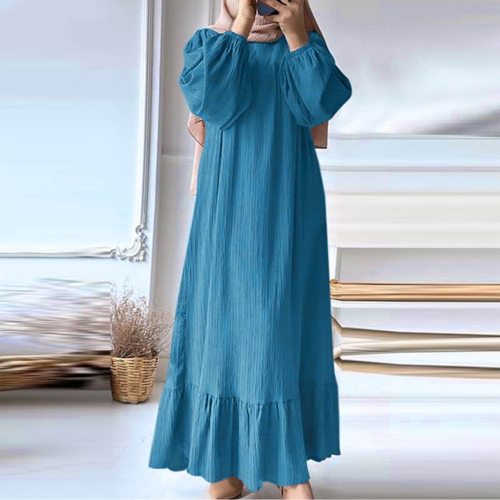 Sakmal Blue Women Dresses Modest Shift Church Maxi Dress Puff Long ...