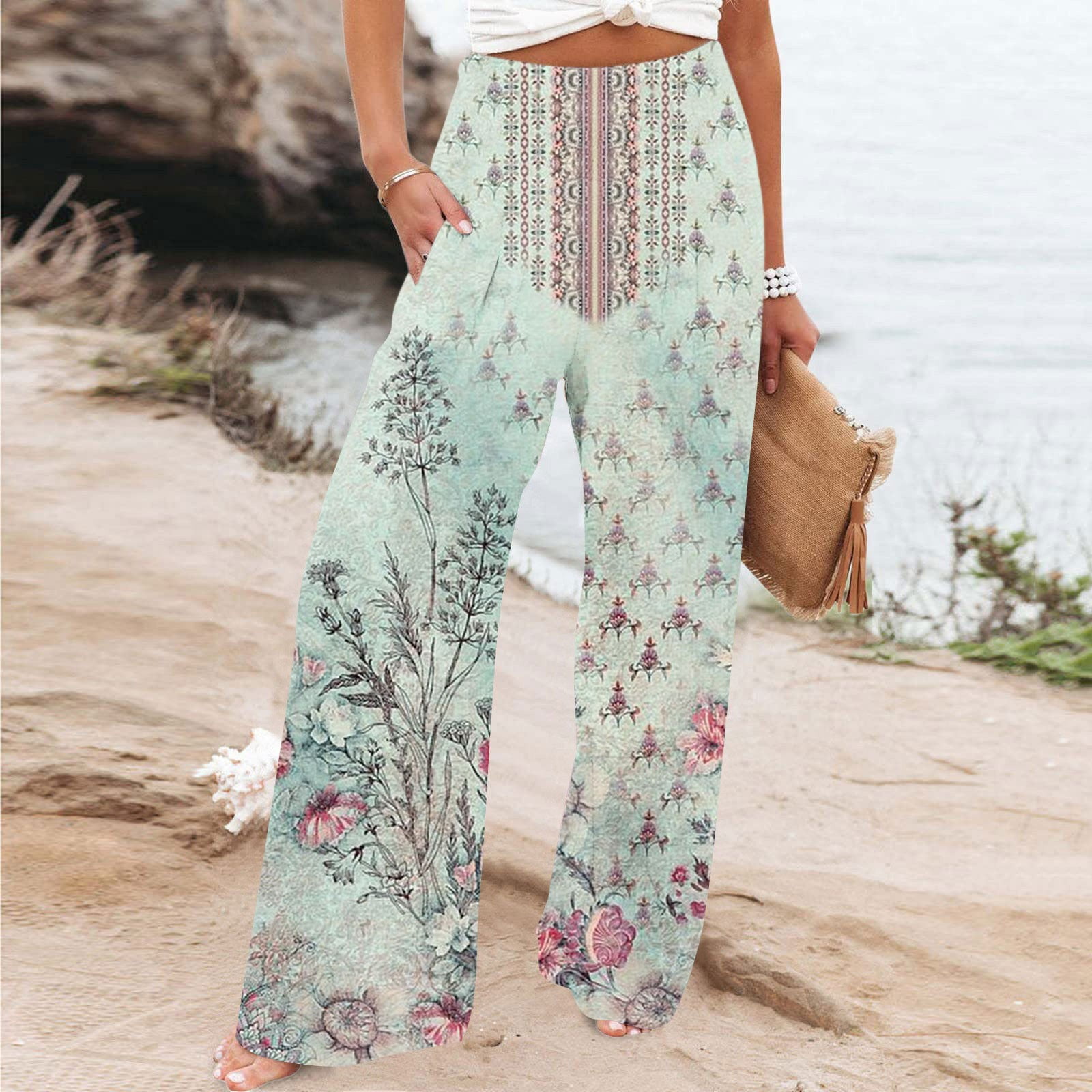 Sakmal Boho Women's Pants Vintage Wide Leg Cotton Linen Palazzo Blue ...