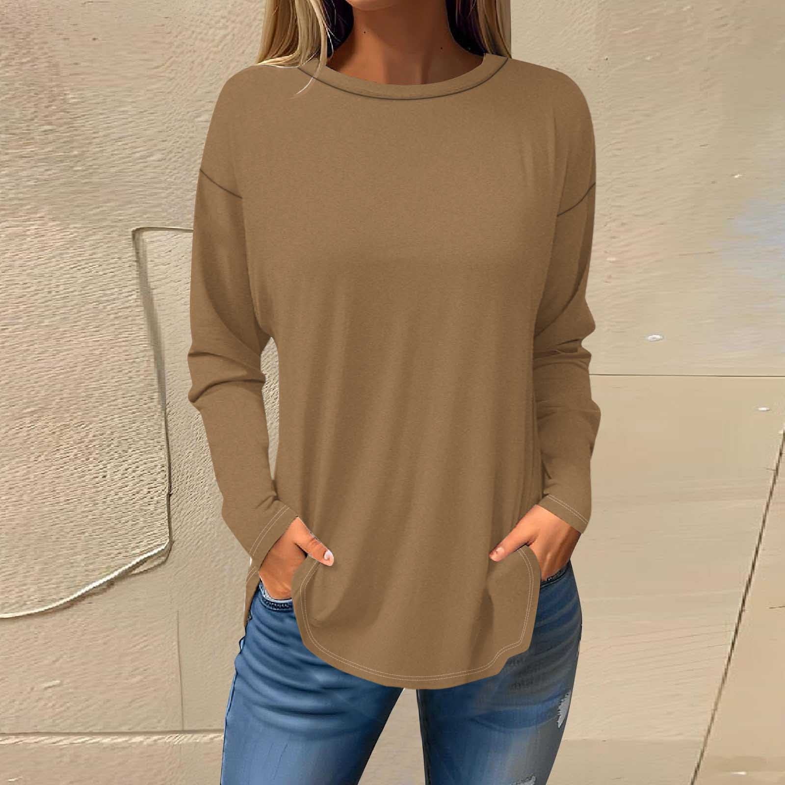 Sakmal Brown Summer Tops for Women Long Sleeve Crew Neck Solid Tunic ...