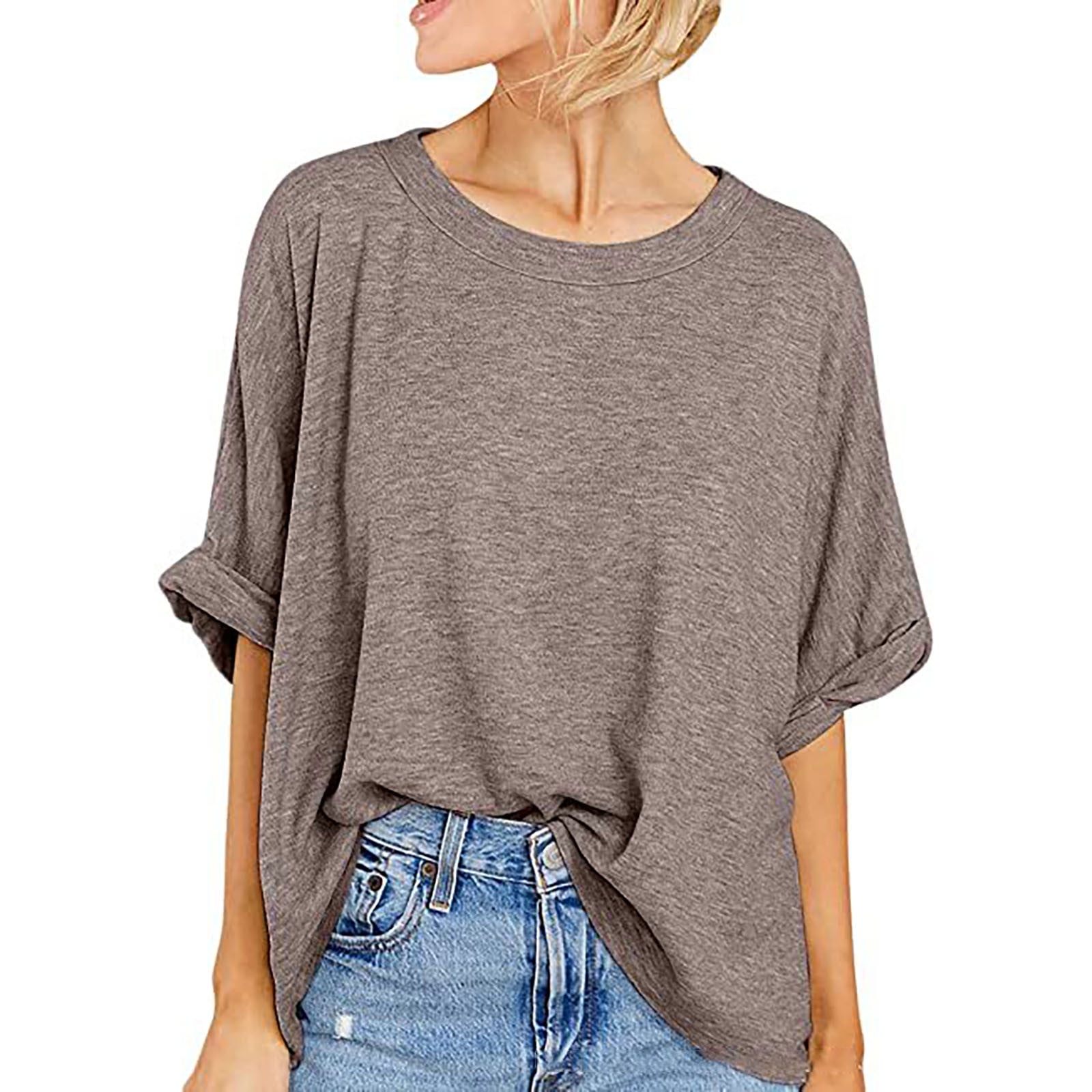 Sakmal Brown Womens Tops Elbow-Length Solid Crew Neck T-Shirts Essentials Women'S - Walmart.com