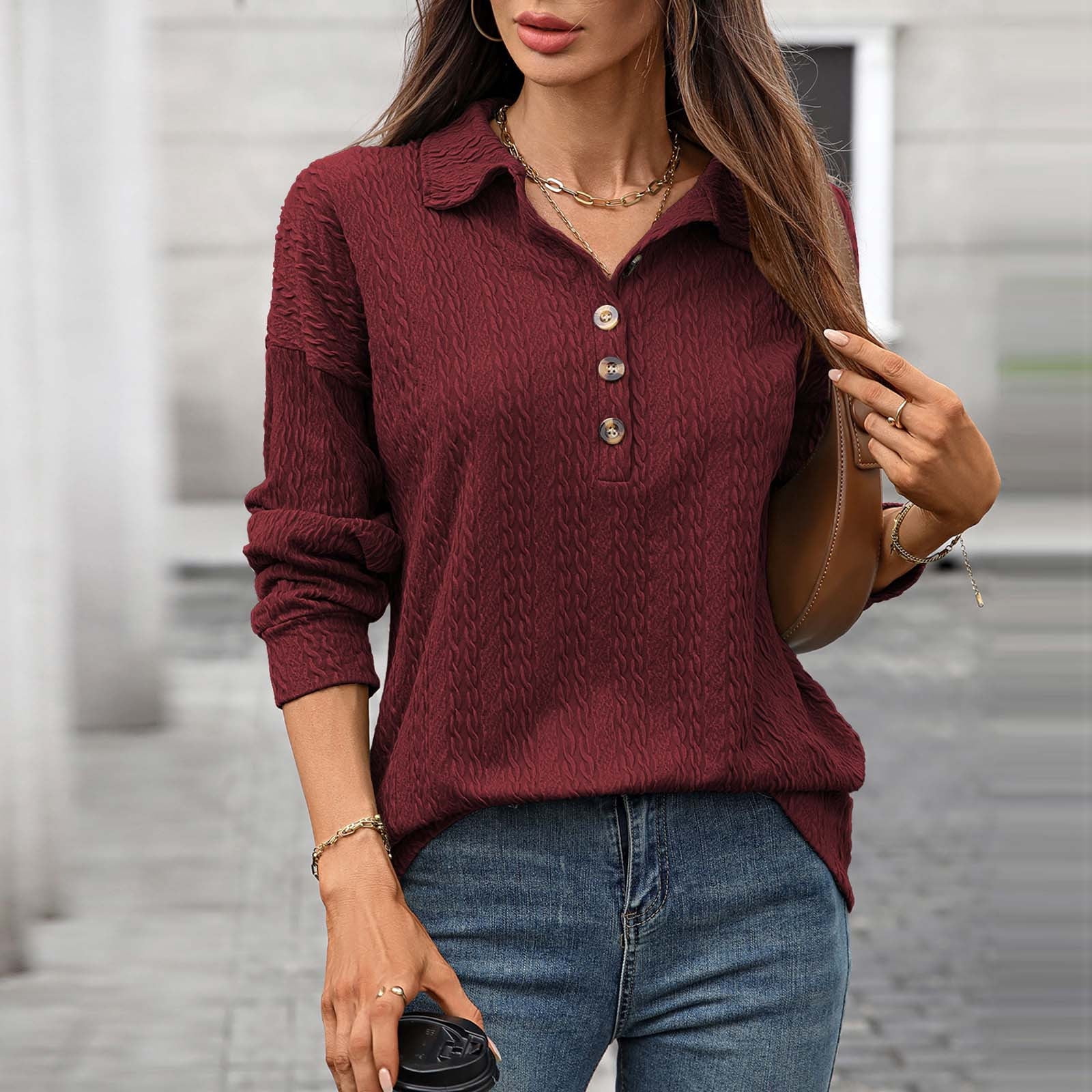 Sakmal Business Casual Blouses Women Red Button Down Shirts Collared ...