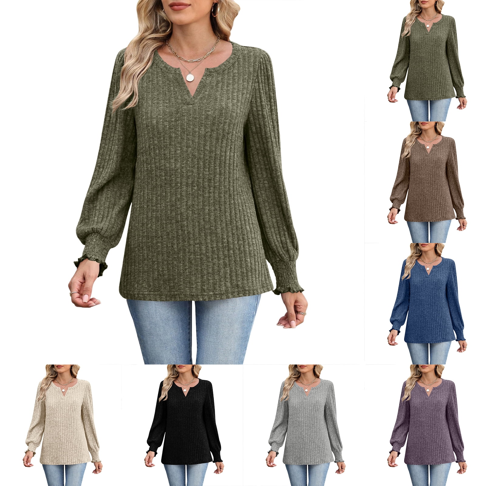 Sakmal Business Casual Tops Women Green Knit Sweaters V Neck Long ...